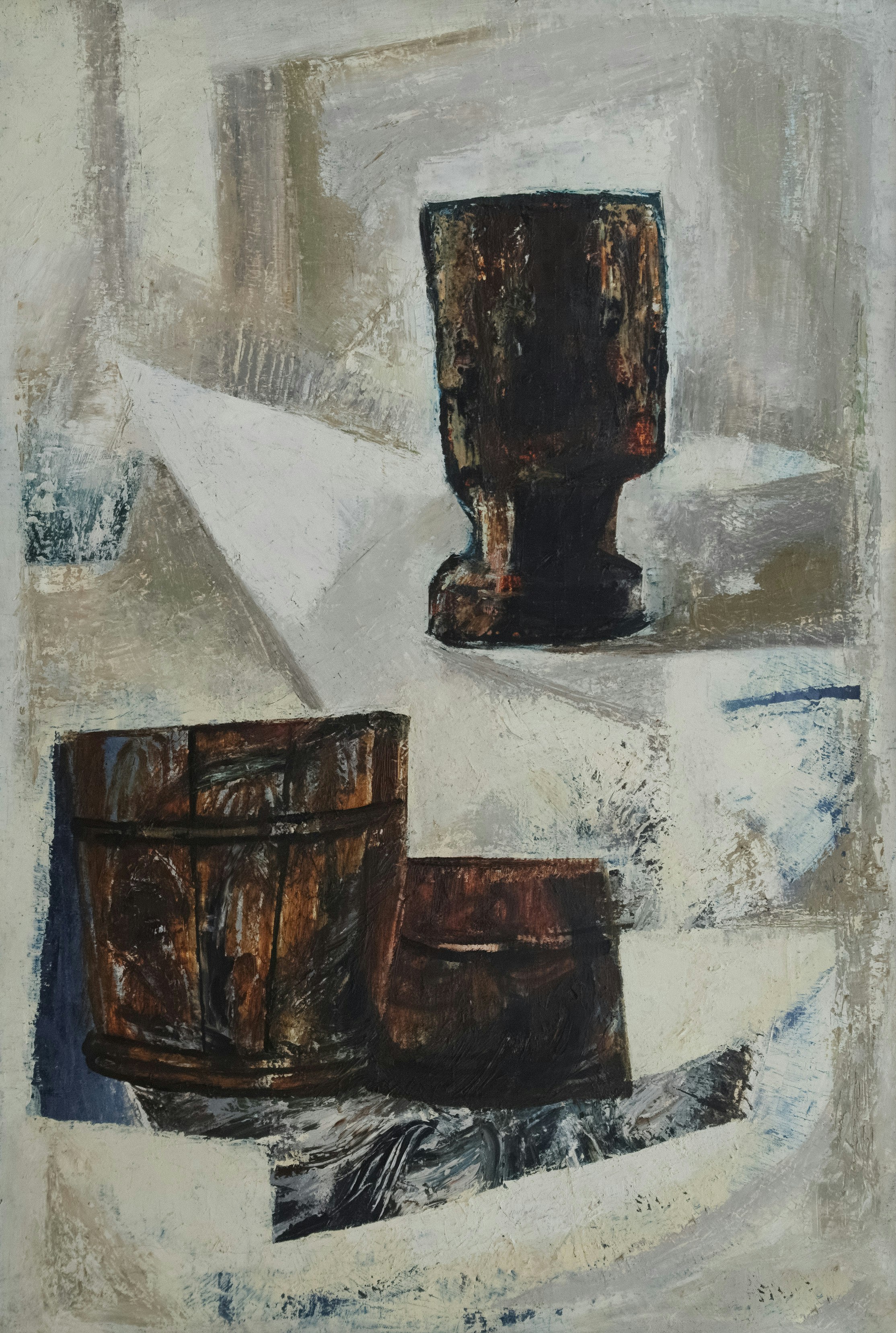 Weathered Vessel and Timber: An Abstract Still Life in Muted Light