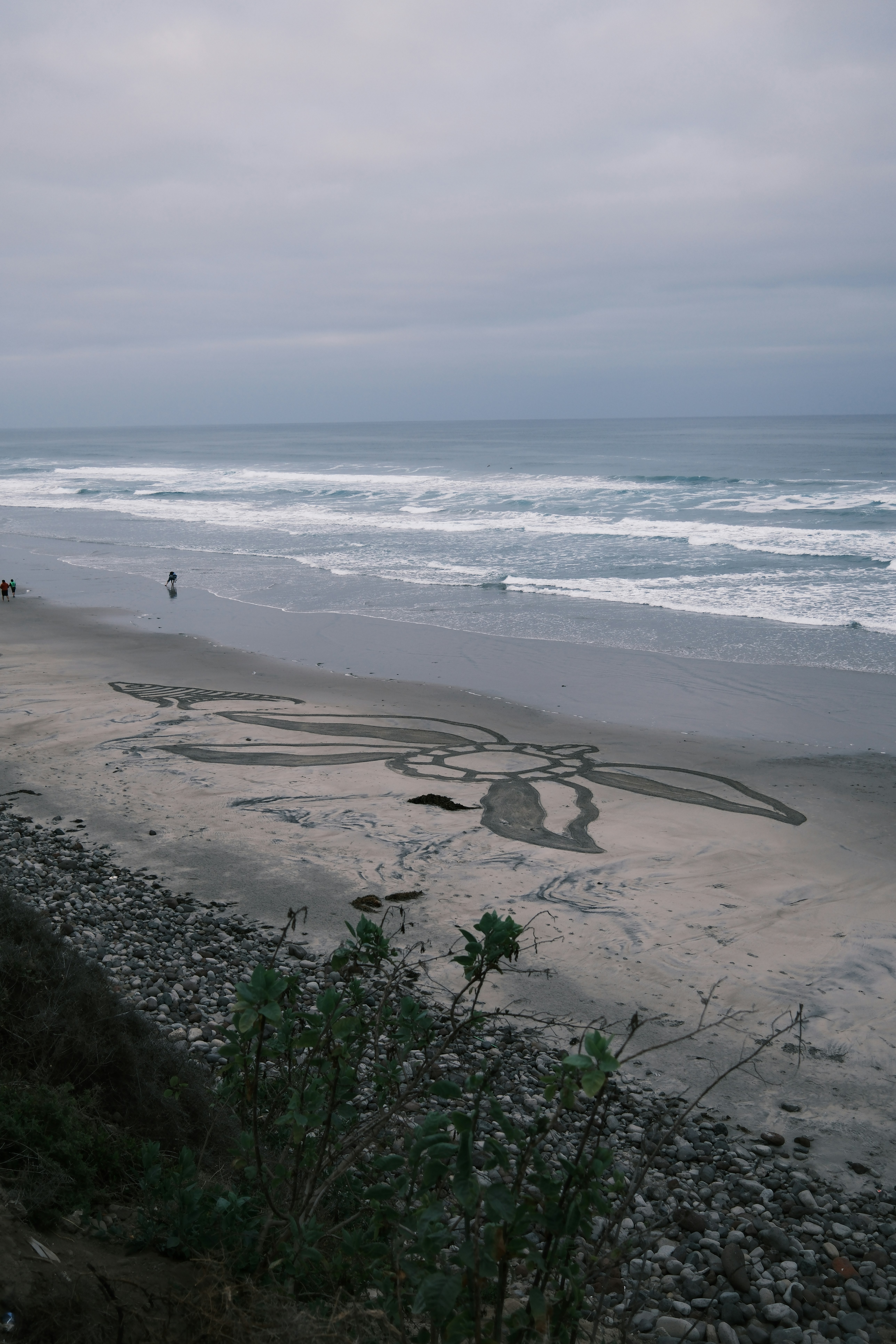 Shoreline Glyphs Under Quiet Gray Skies