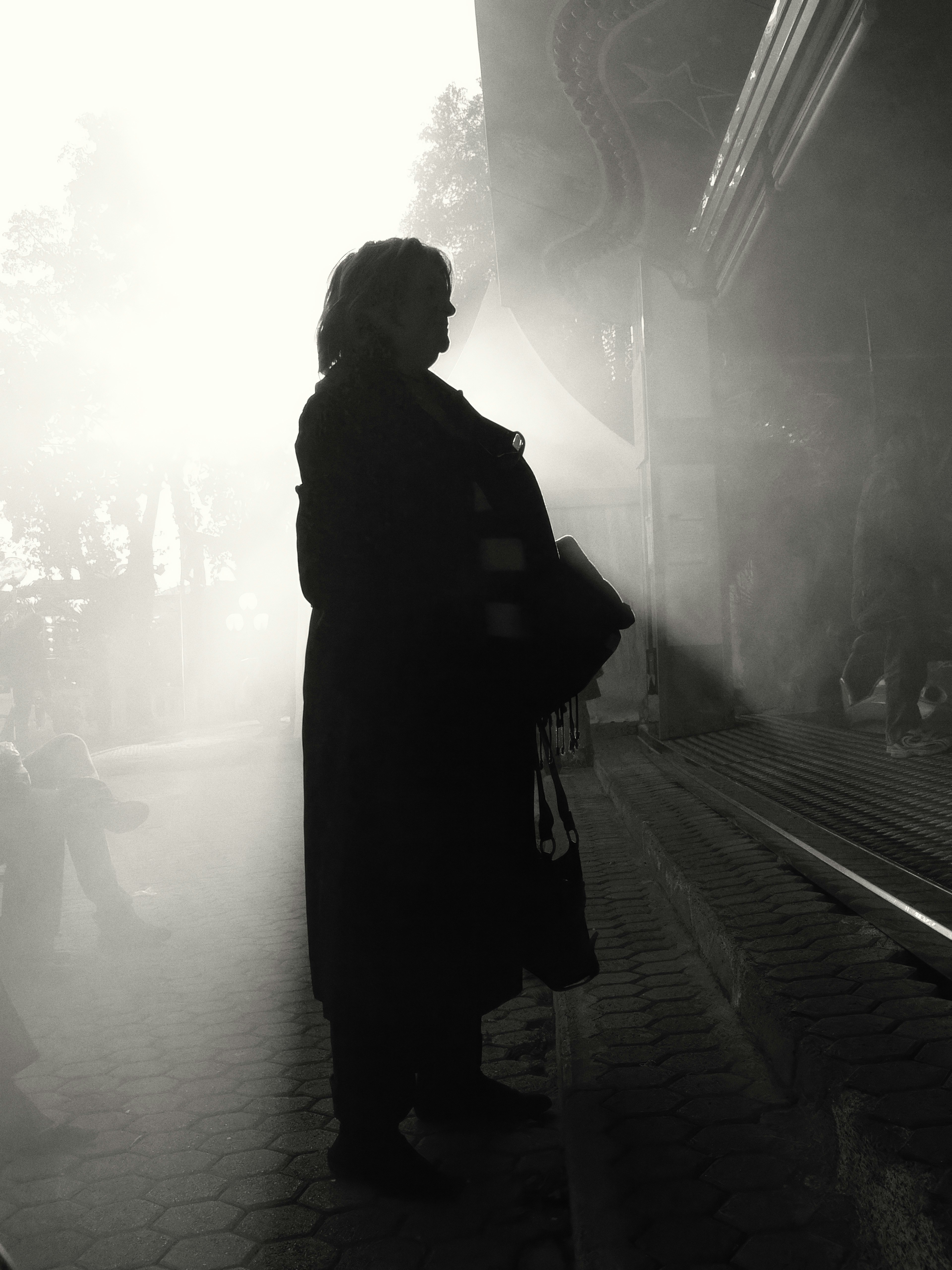 Silhouette of a person, backlit by bright light.