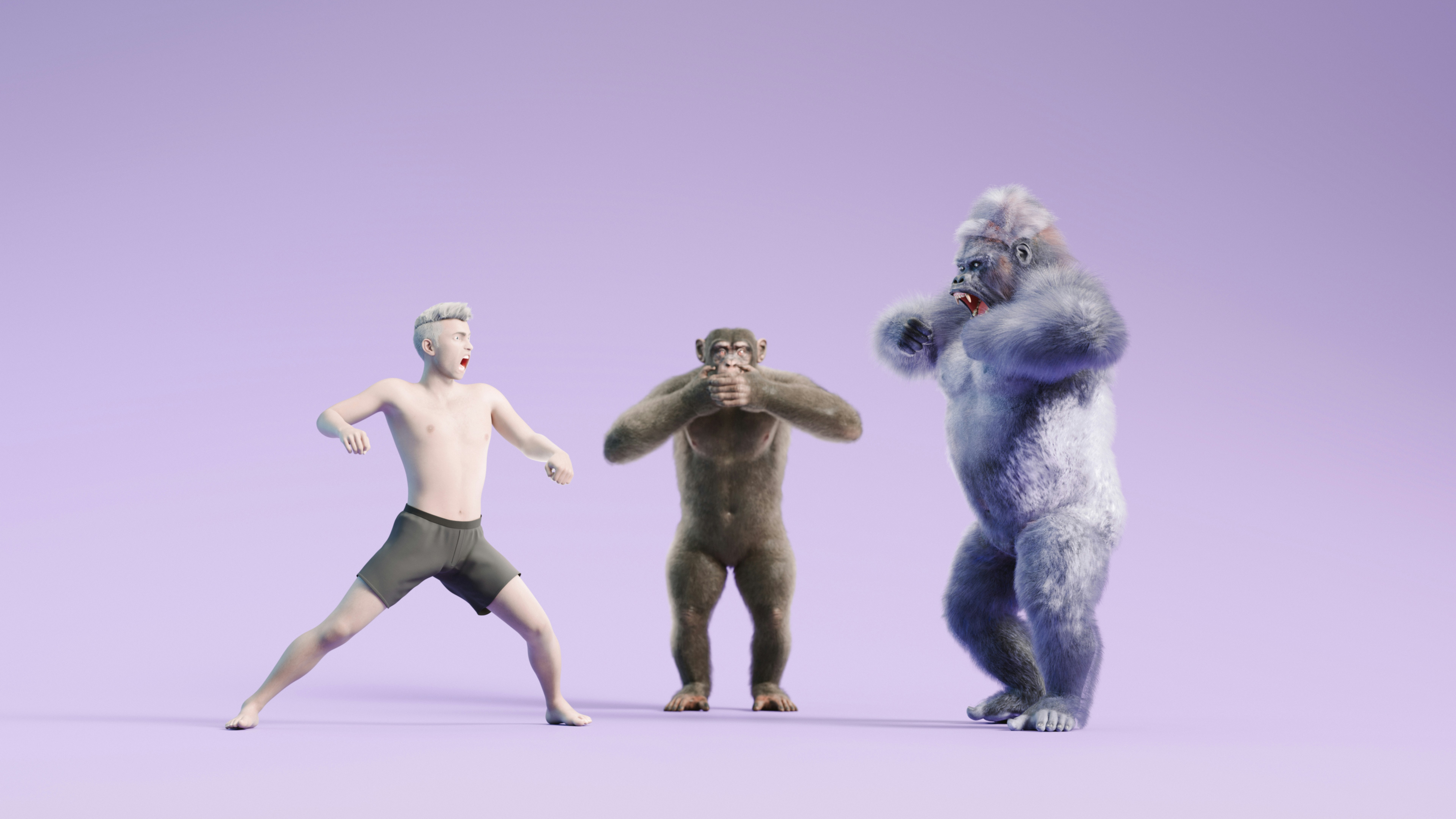 A man, chimp, and gorilla stand together. photo – Free Human Image on ...