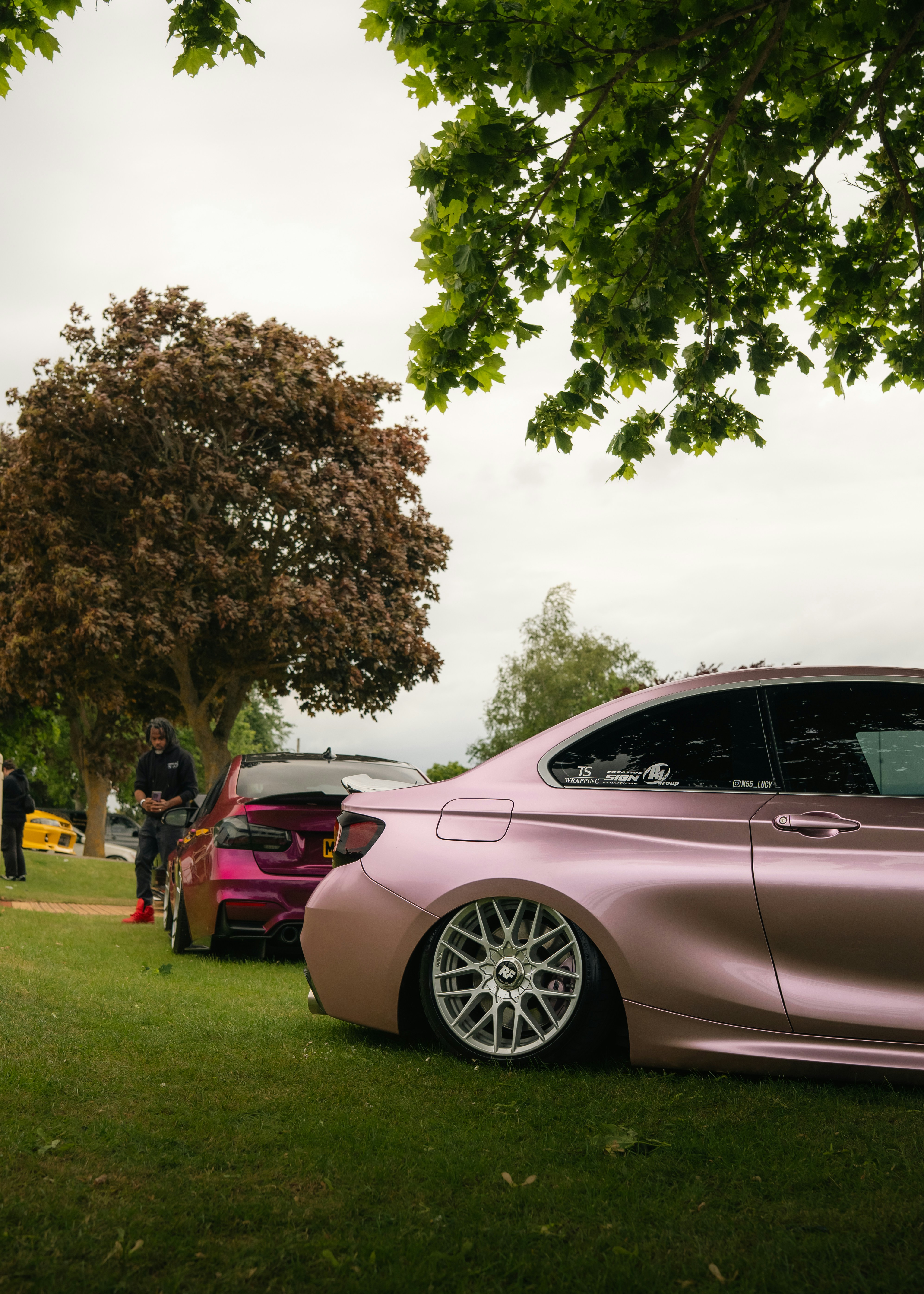 Pastel Pace at the Park: a lowered pink sedan anchors a sunlit car meet