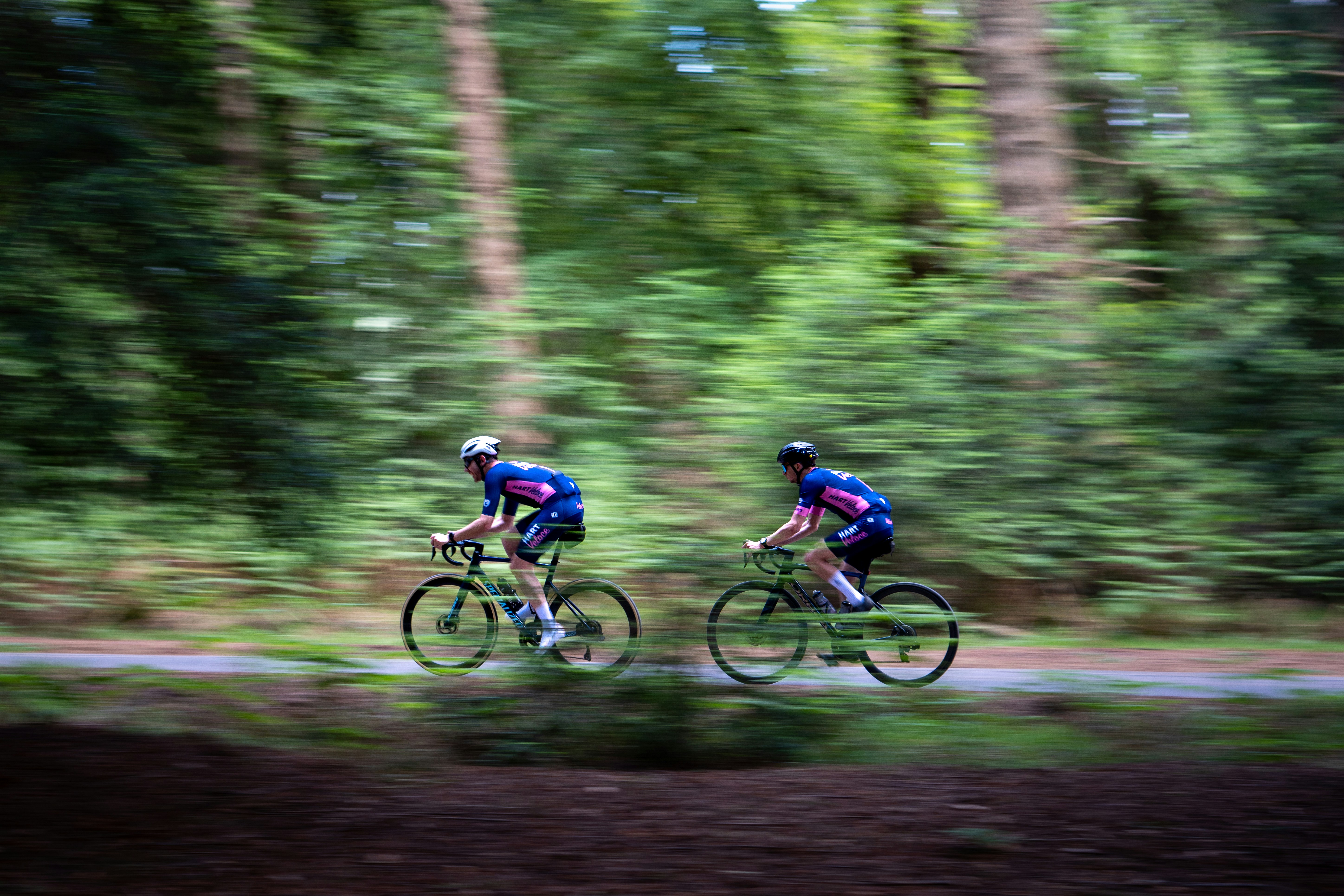 Dual Cyclists in Motion: A Blur of Forest Road
