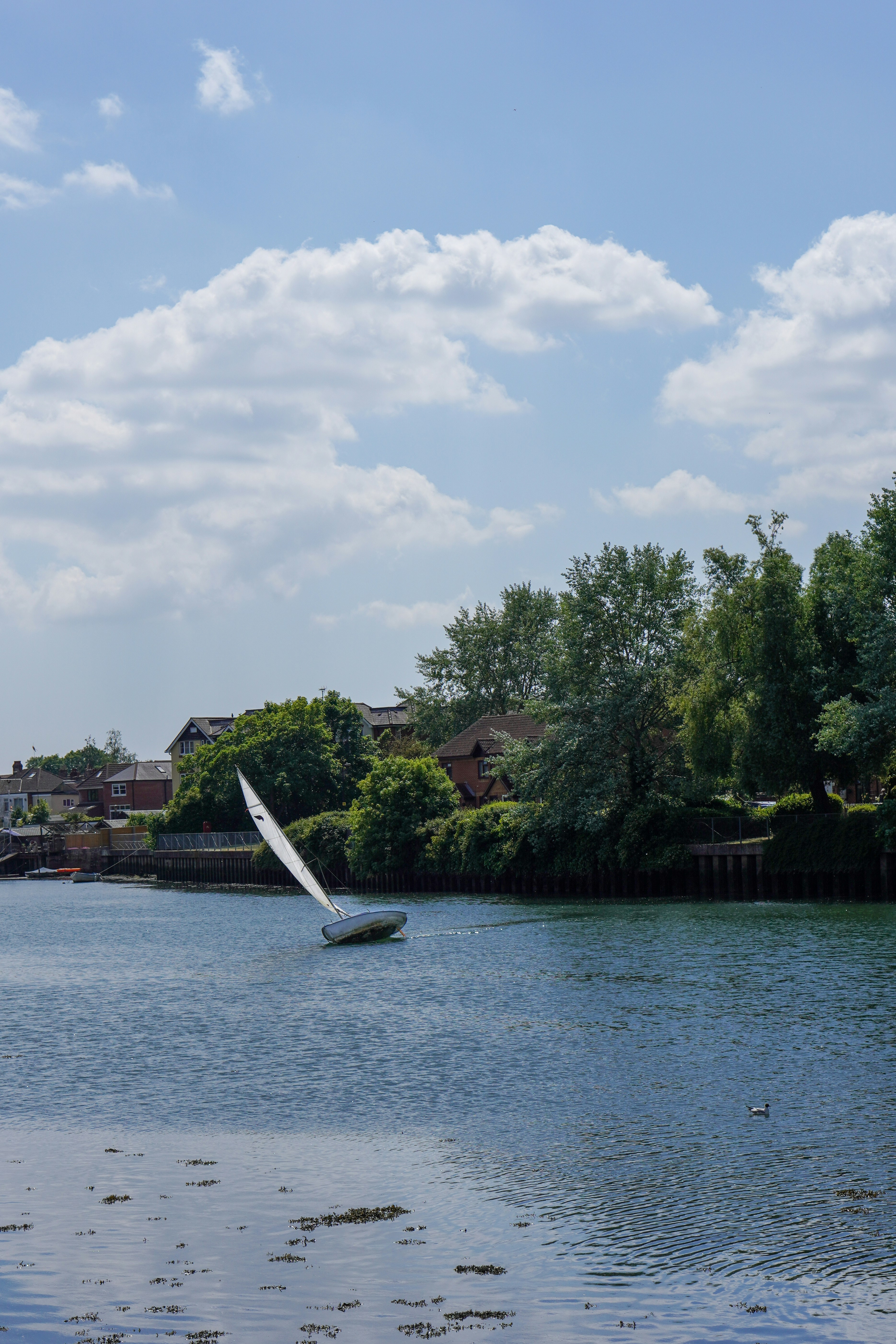 Calm Riverside Sail: A Lone Boat Traverses Quiet Water Under a Bright Sky