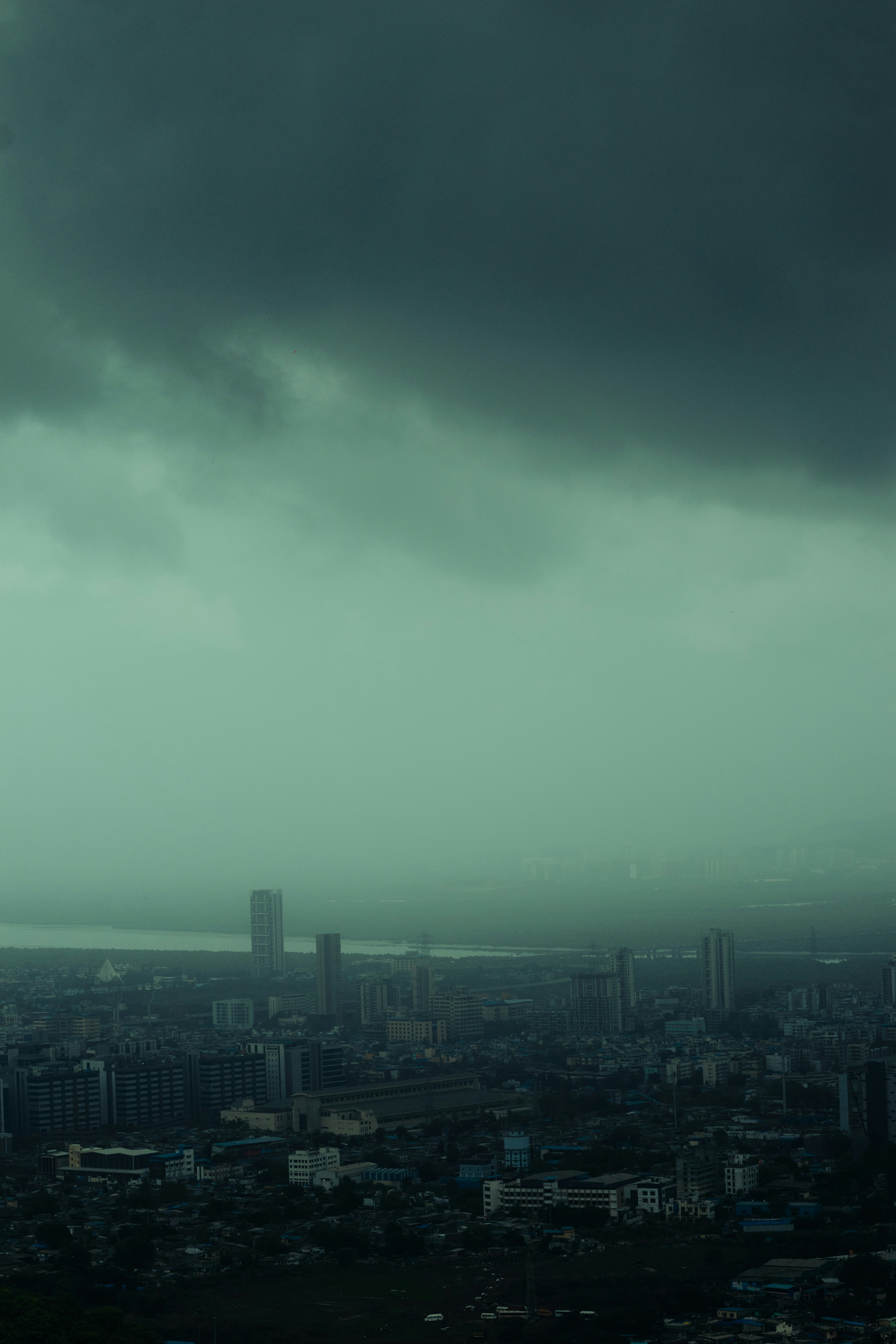Stormy sky above a city skyline.