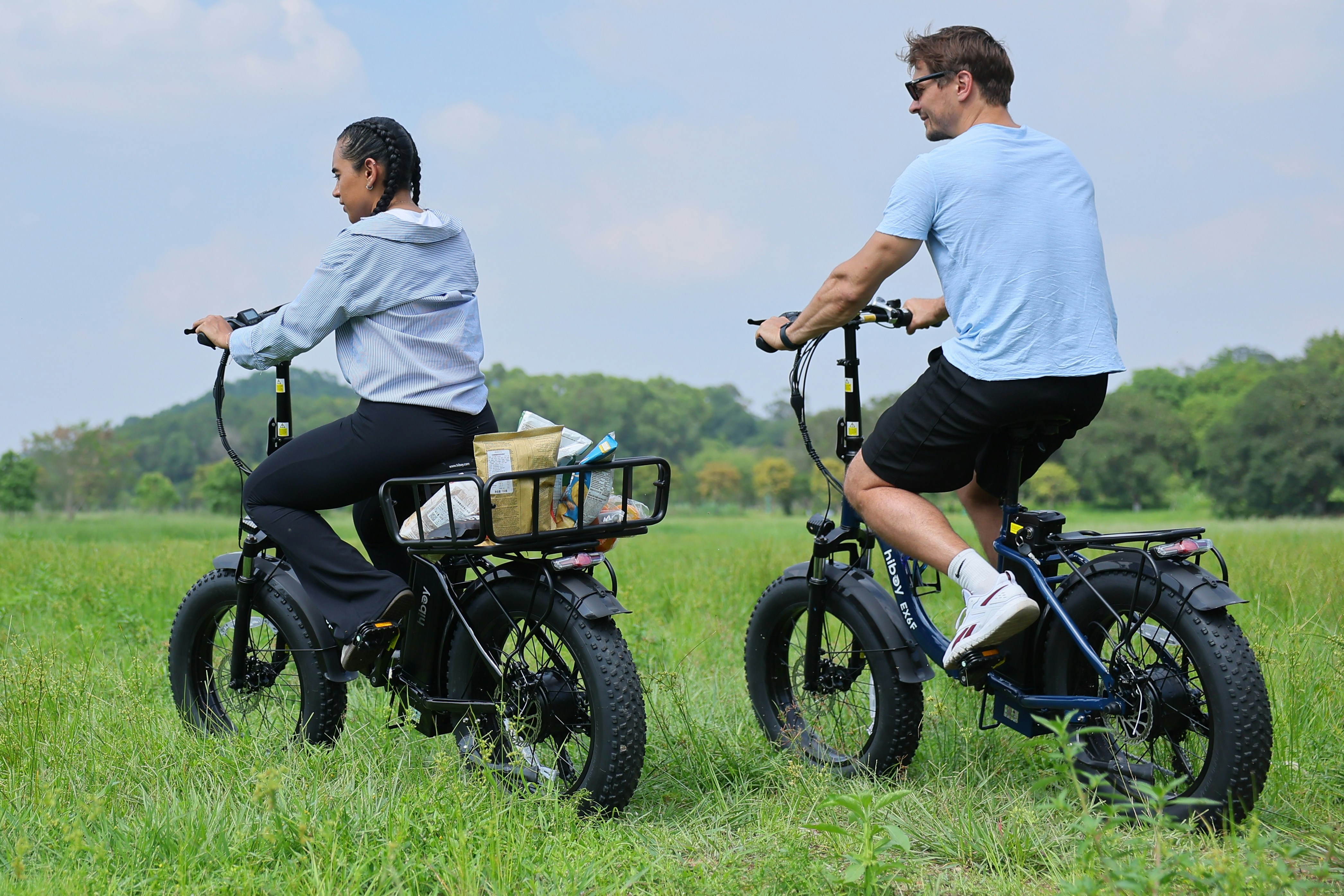 Sunlit Meadow Ride: Dual Fat-Tire E-Bikes Cross an Open Field