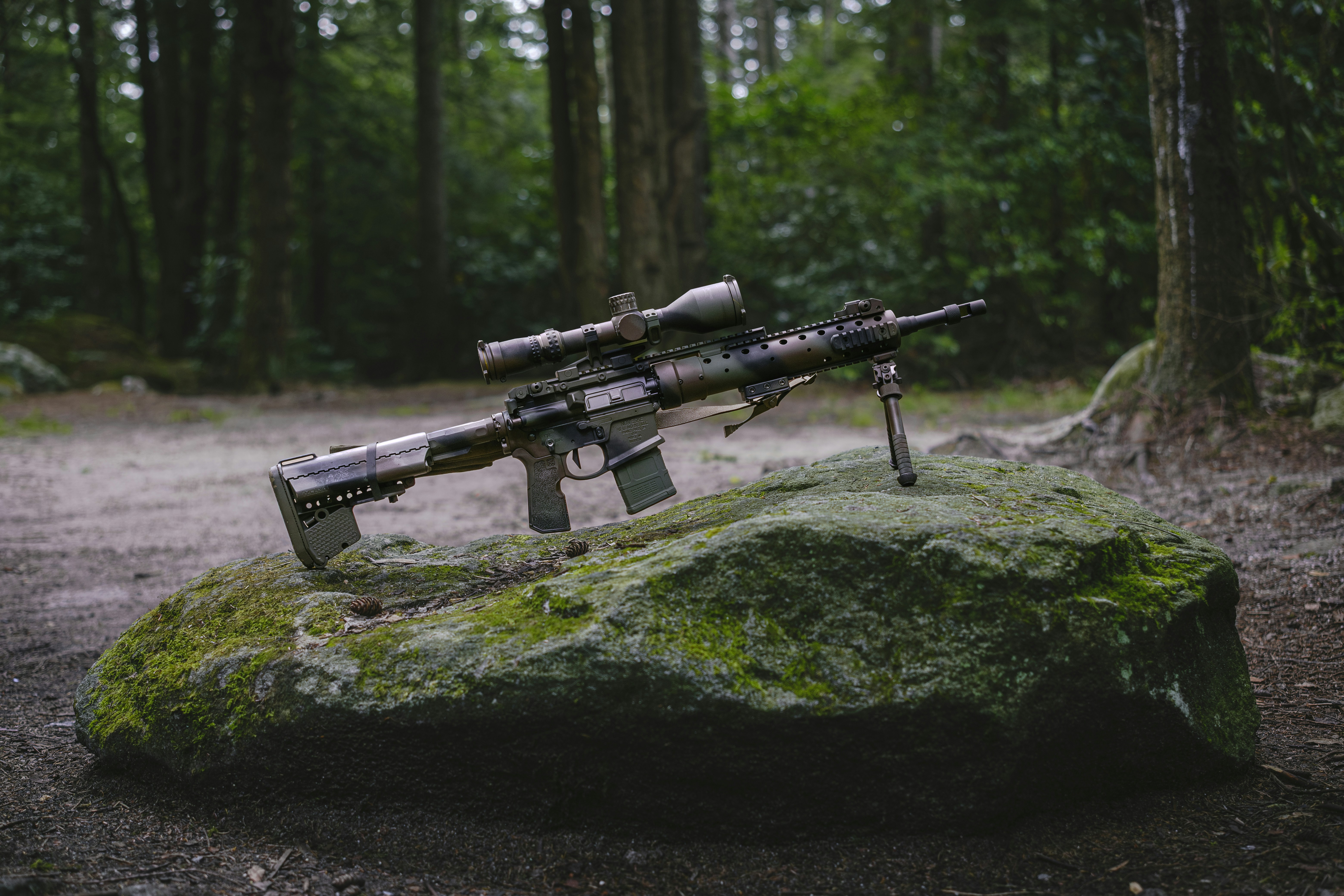 Moss-Covered Precision: Rifle Resting on Forest Rock