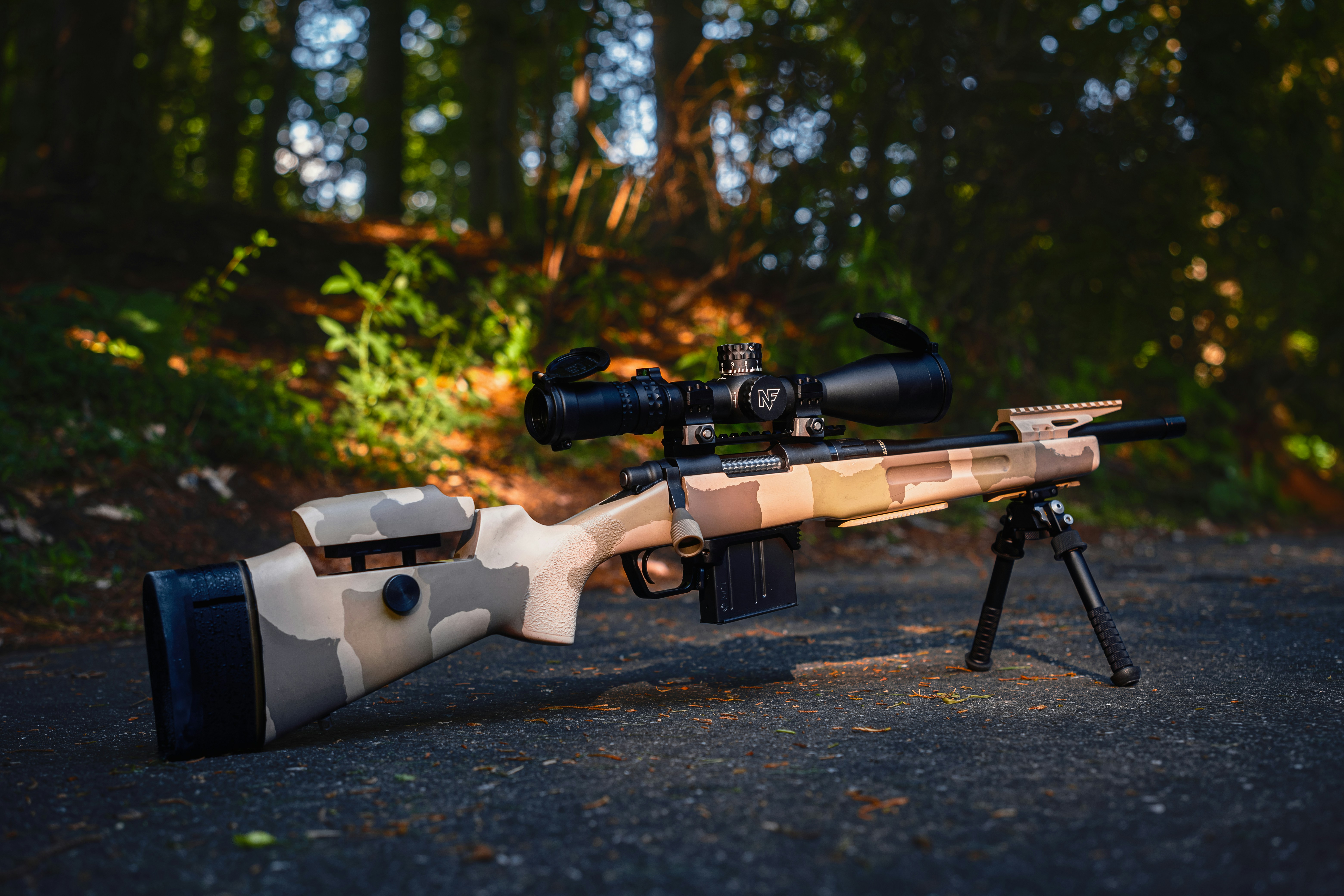 A sniper rifle sits on a dark, wooded path. photo – Free Gun Image on ...