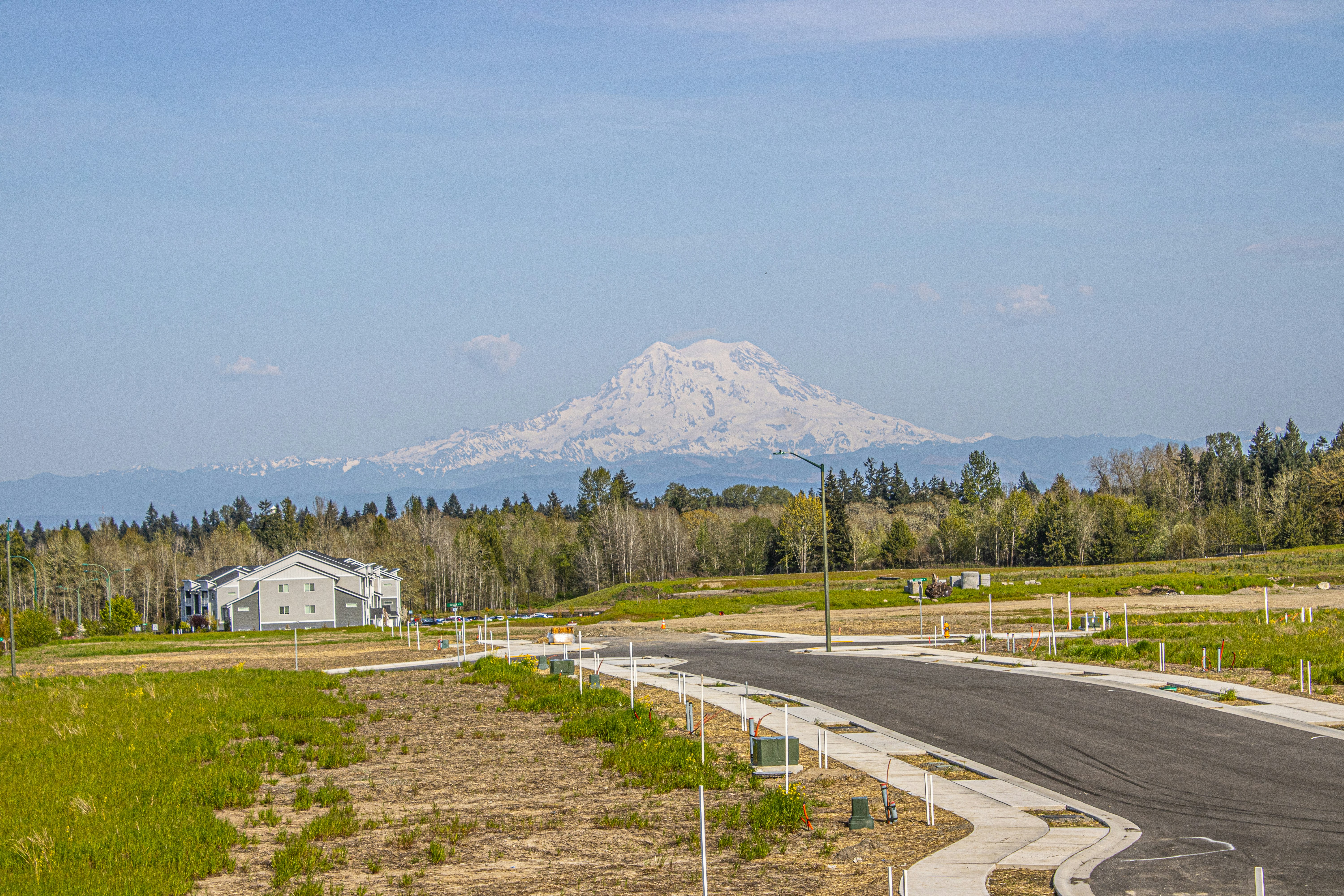 Distant Snow Peak Over a Quiet Suburban Landscape
