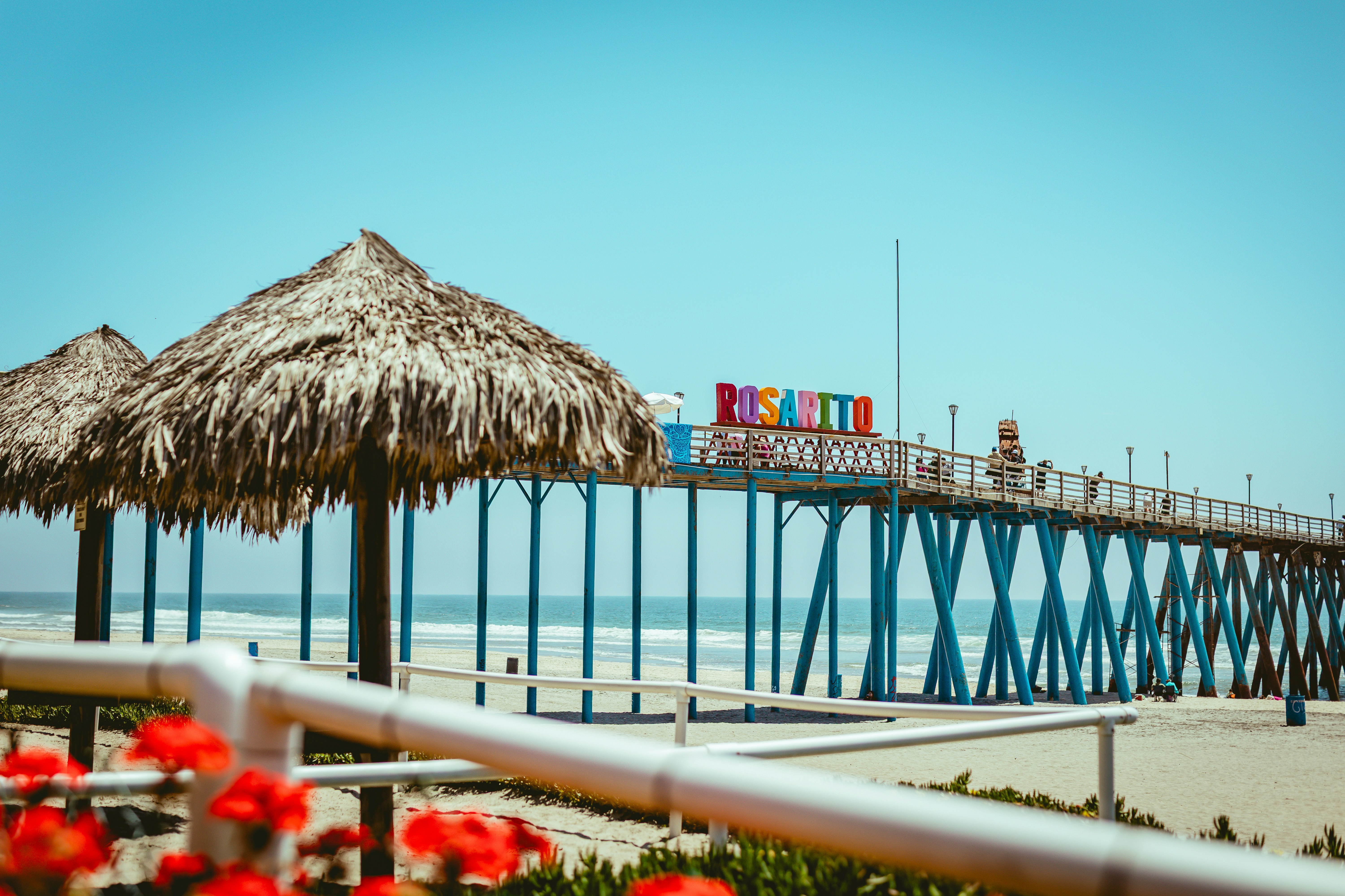 A lively pier adorned with colorful signage, framed by thatched umbrellas and blooming flowers, inviting visitors to enjoy the beach atmosphere.