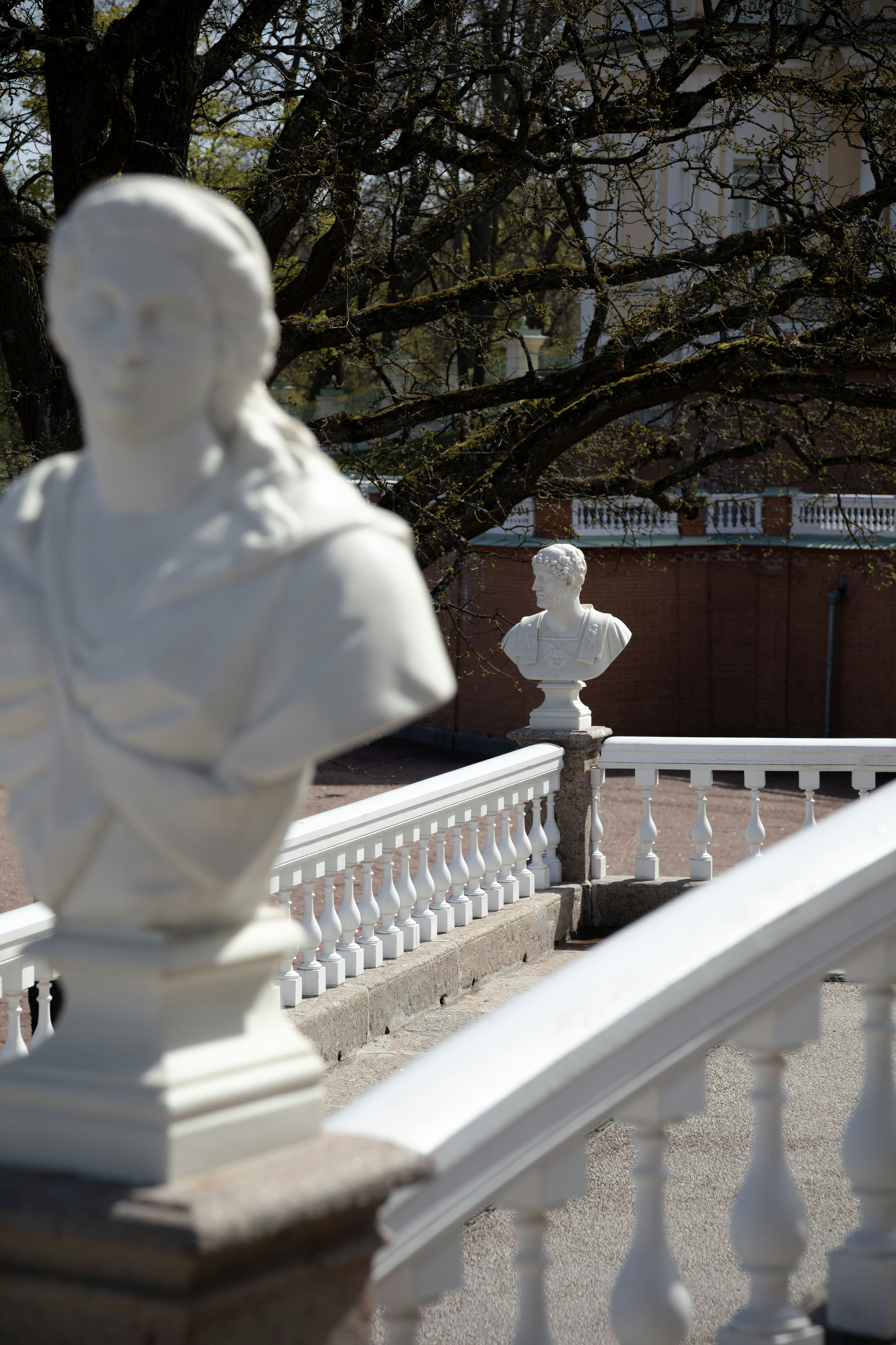 Sunlit Terrace: Marble Portraits Framed by a Quiet Balustrade