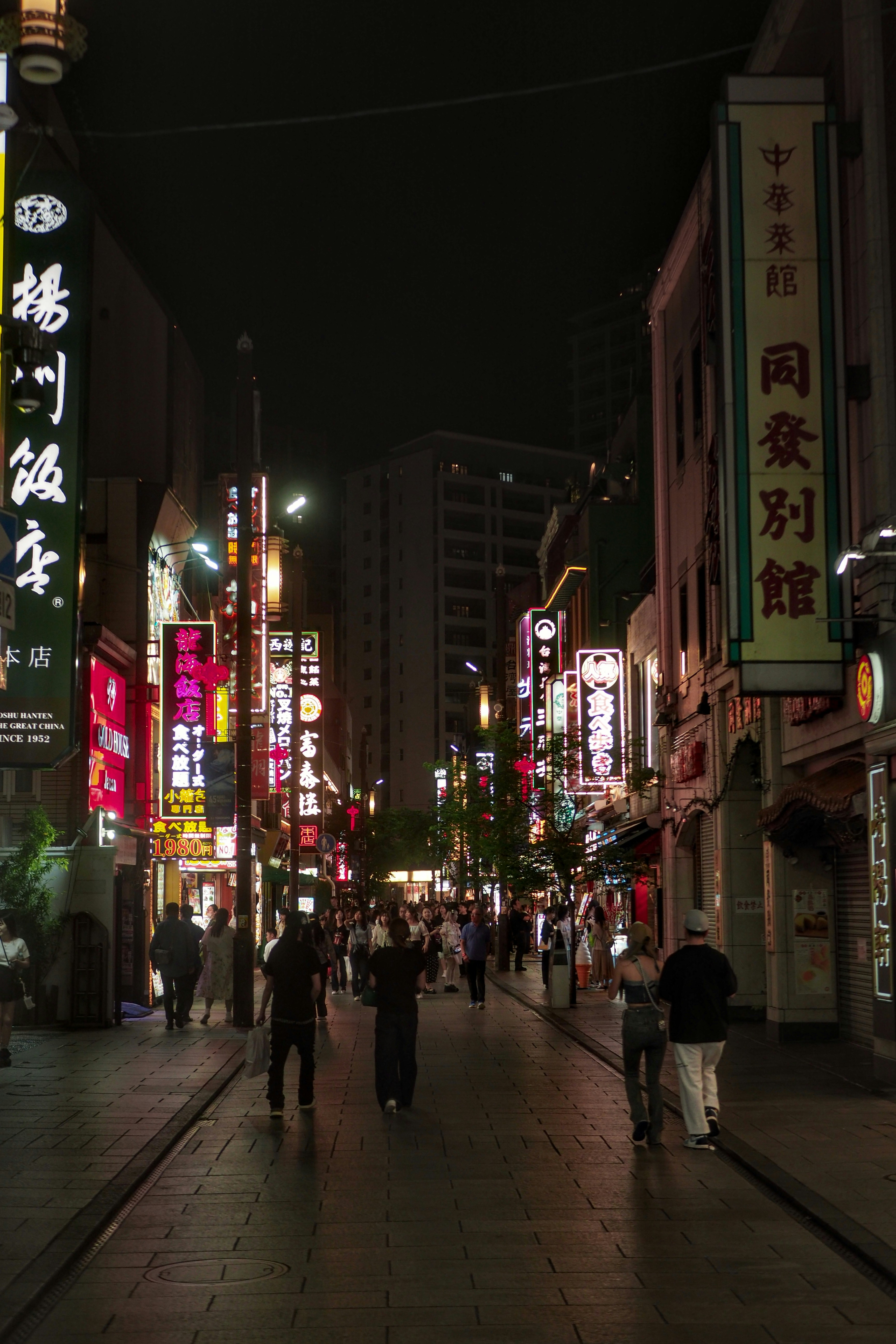 Neon Pulse on a Pedestrian Street Framed by Signboards