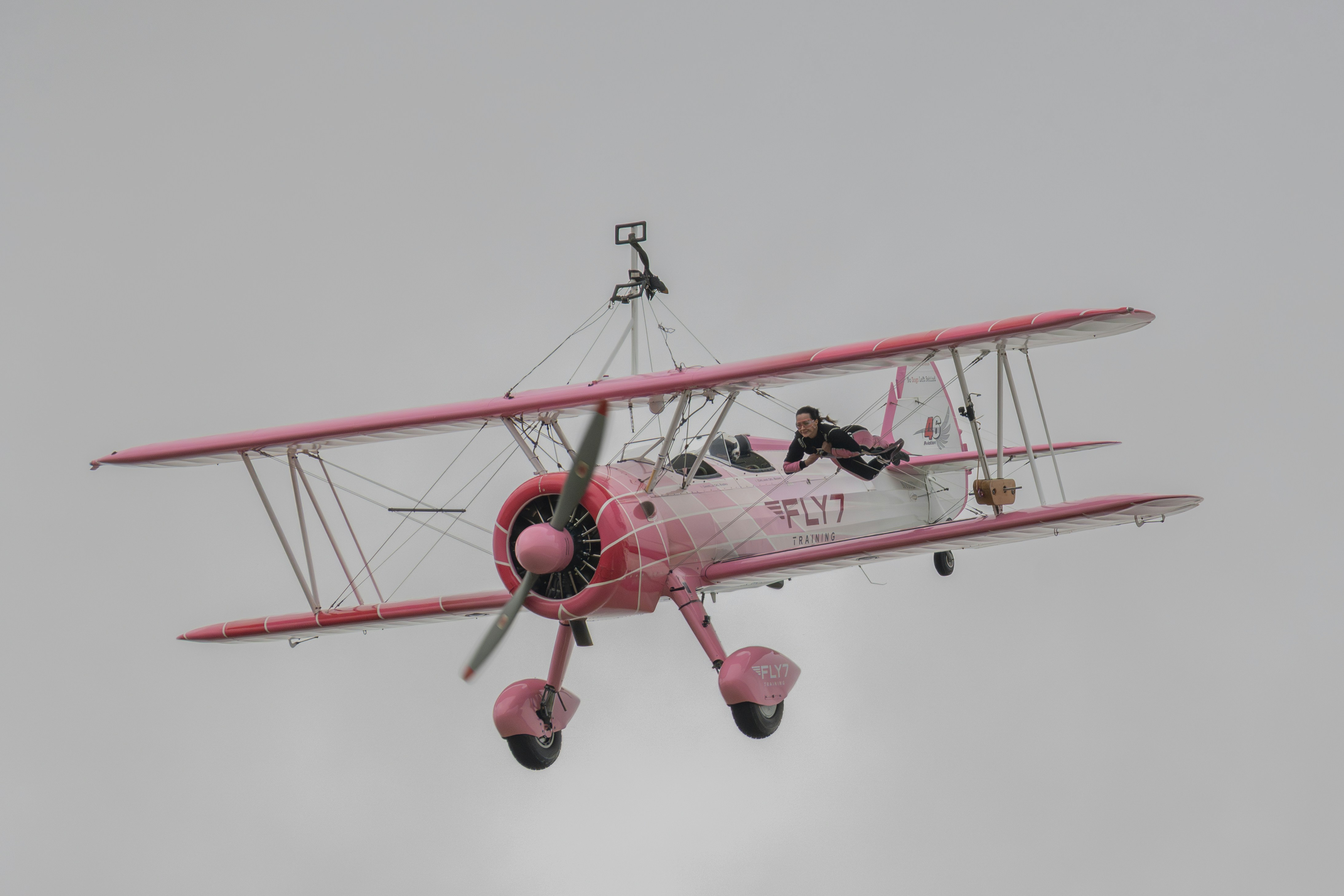 Pink Retro Biplane Glides Across a Quiet, Overcast Canvas