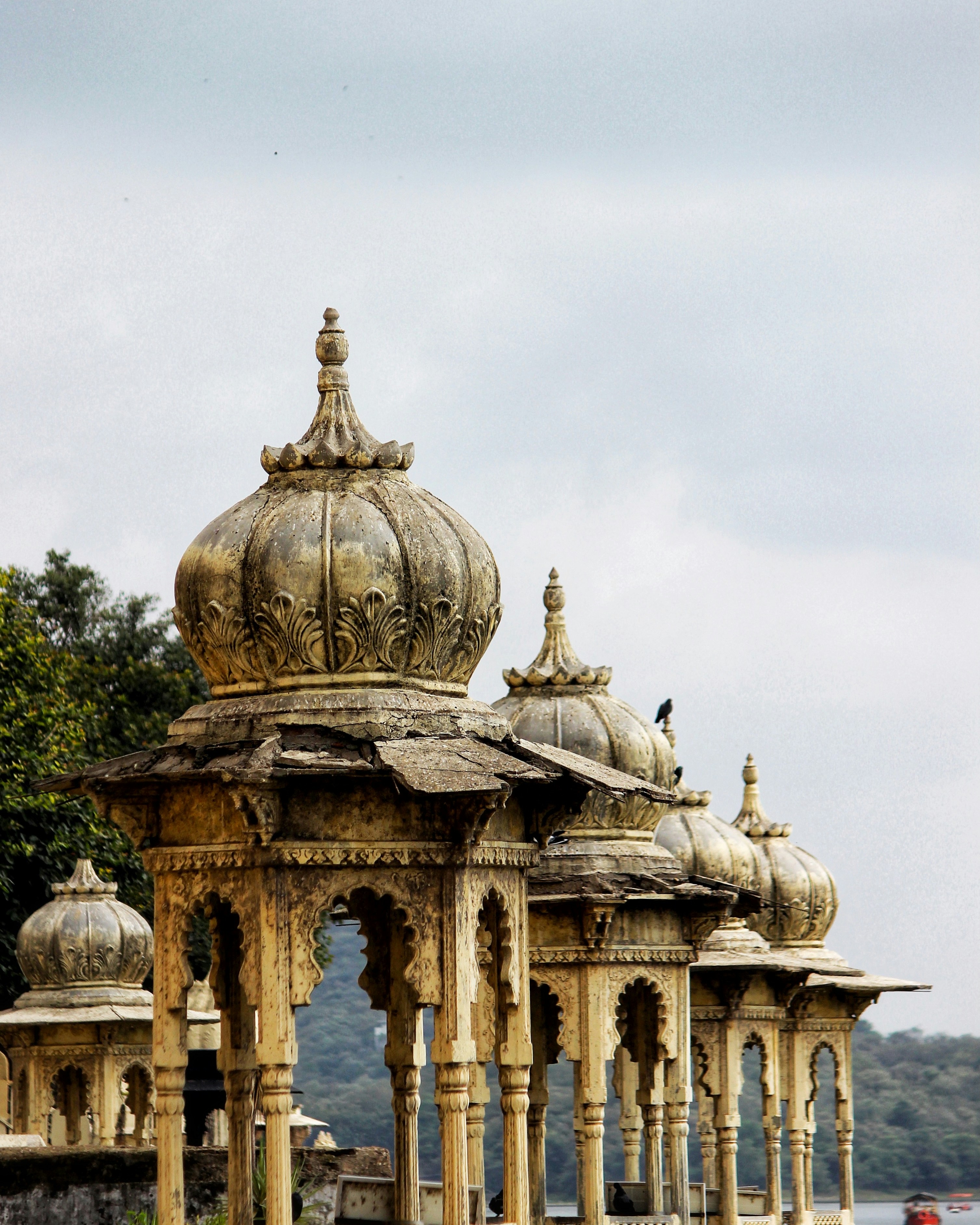 Timeless Arches of Rajasthan | Ornate stone structures stand near a body of water.