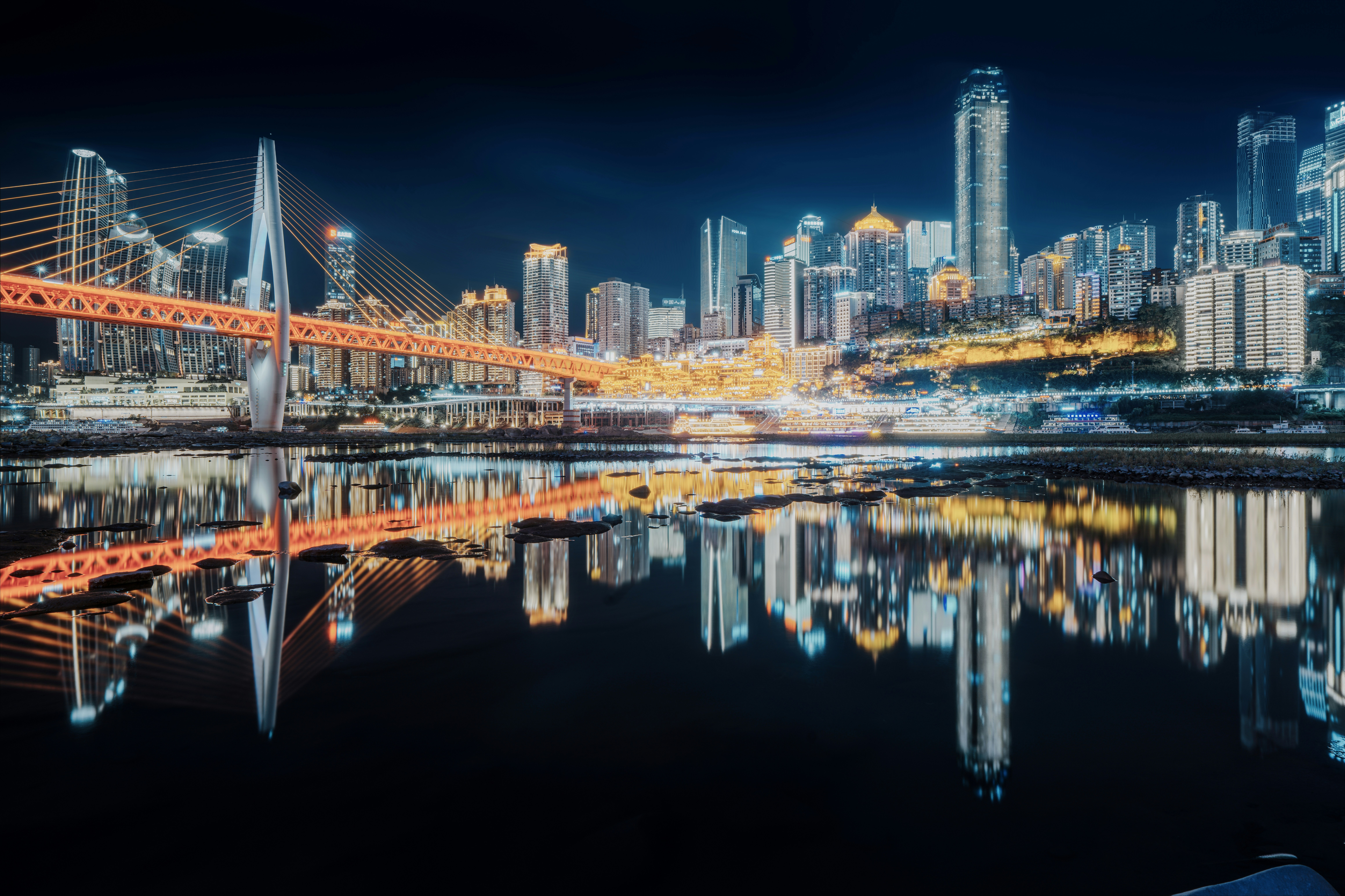 Night cityscape reflects beautifully in the dark water. photo – Free ...