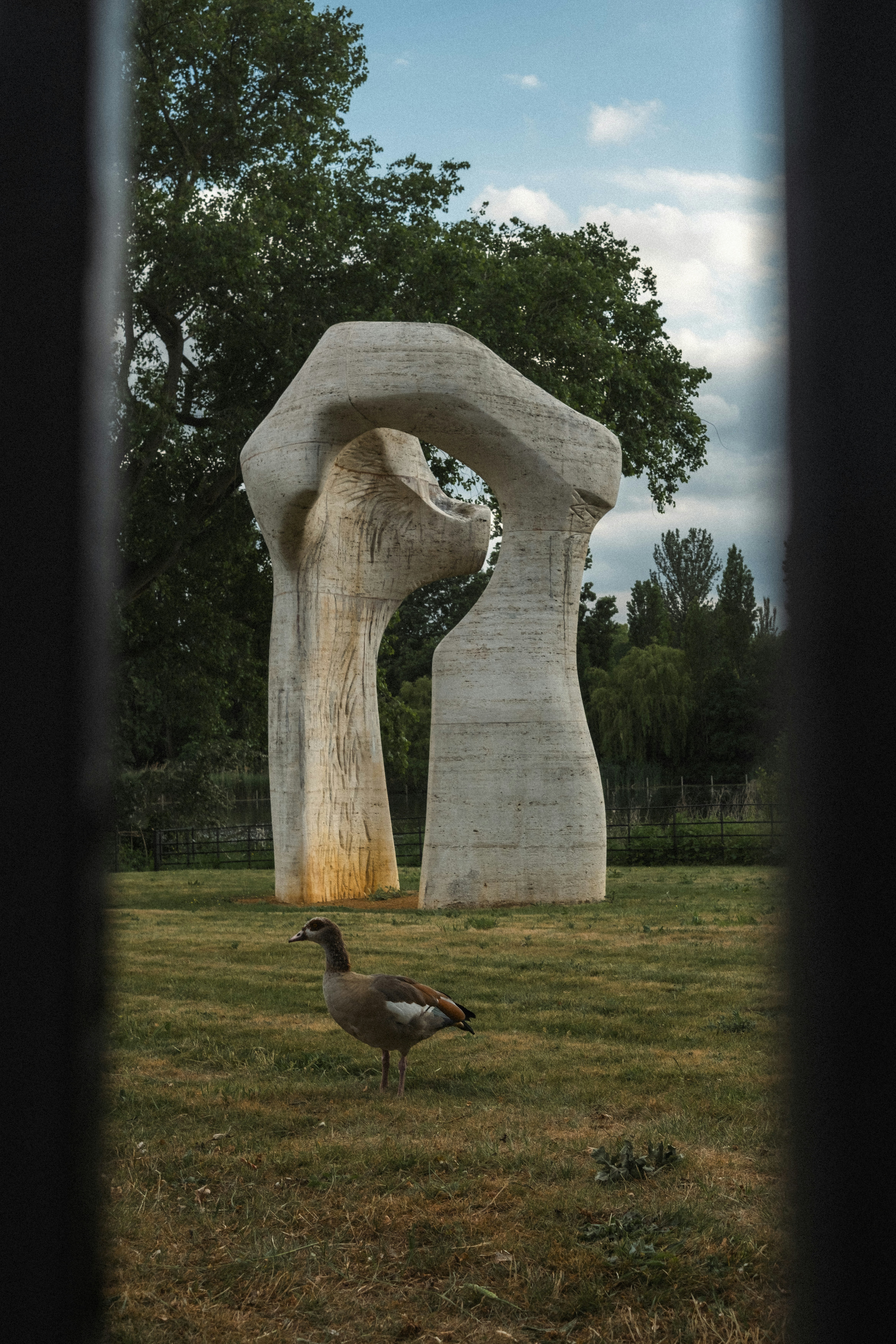 Arching Giants: Concrete Sculptures in a Quiet Park, with a Goose in the Foreground