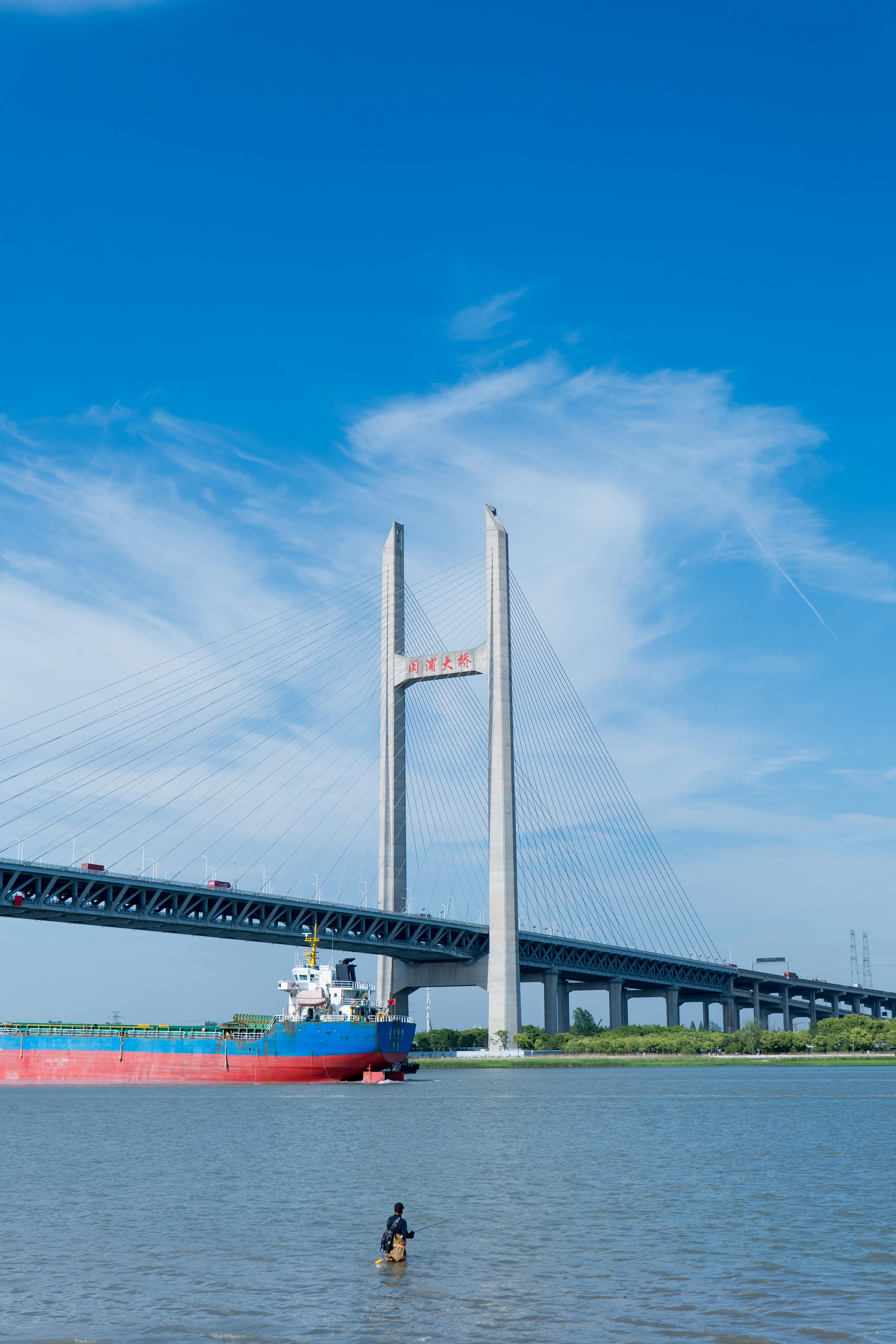 Cable-Bridge Vista: A Vessel, A River, A Horizon