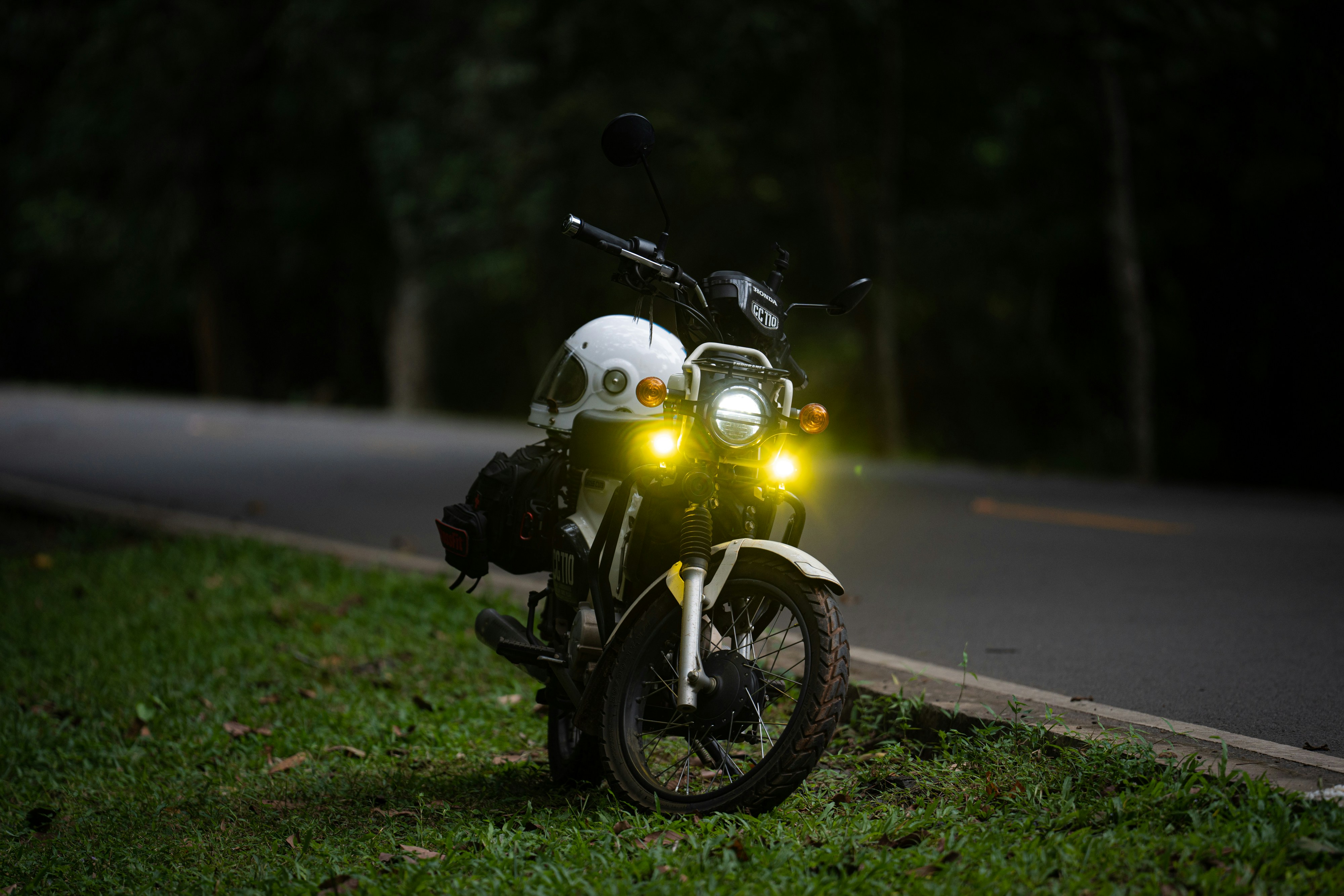 Lone Motorcycle With Neon Beams on a Quiet Forest Road