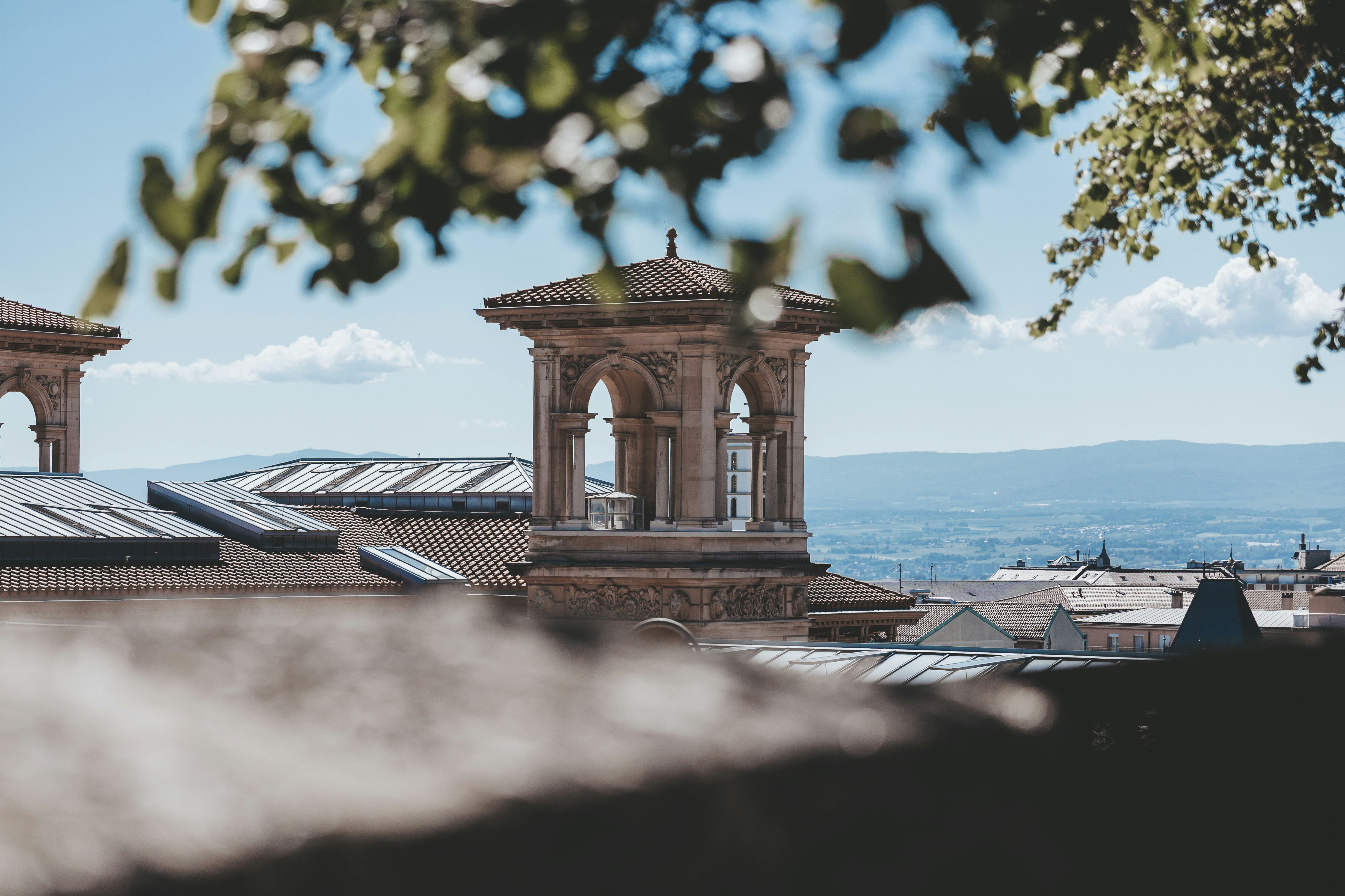 Bell Tower on a Sunlit Roofline, Framed by Leaves Against a Sea-Blue Horizon
