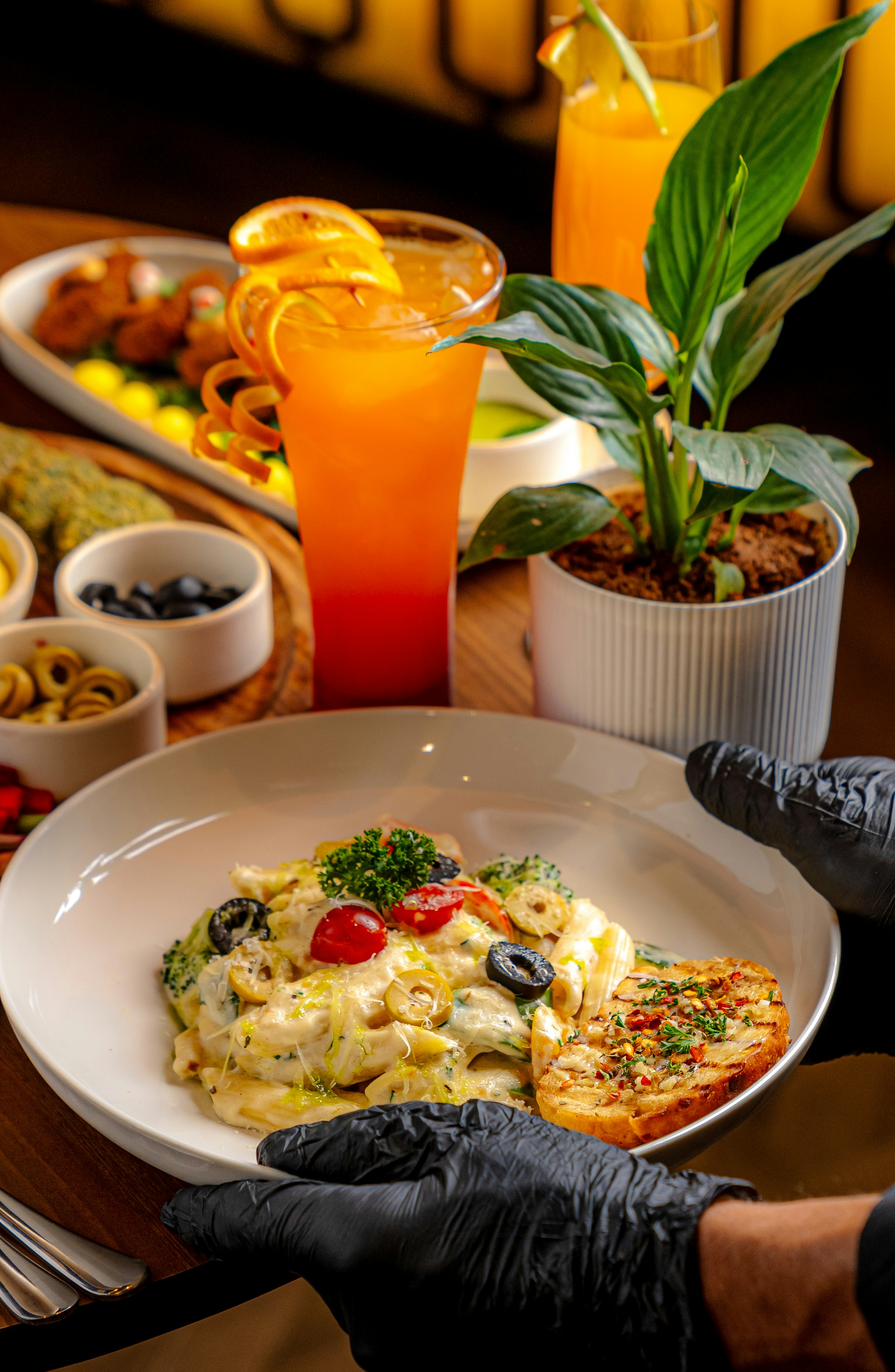 Sunset-Flavored Feast: Creamy Pasta and Garden Glow