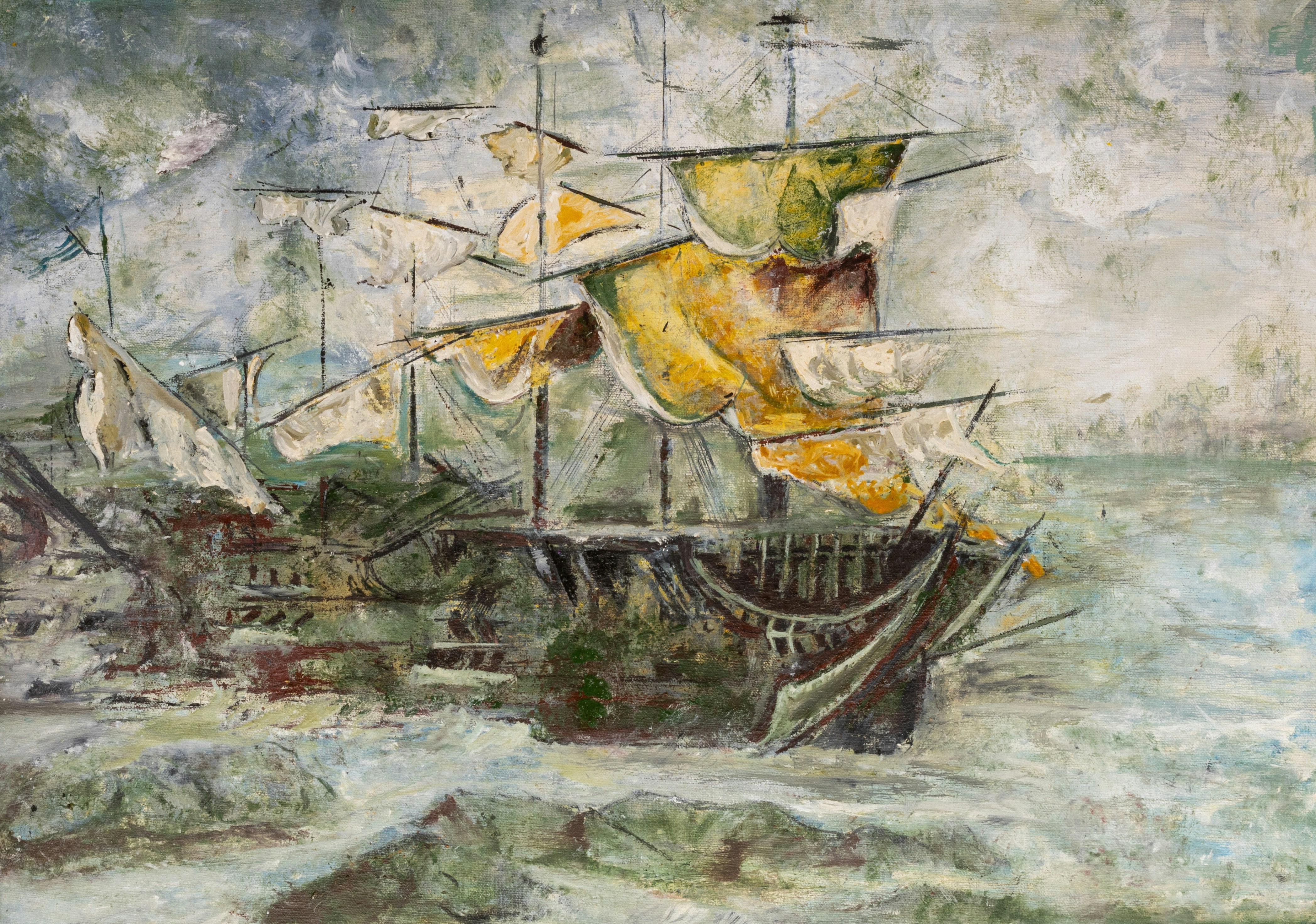 A weathered ship with tattered sails navigates turbulent waters, evoking a sense of lost adventures and maritime history.