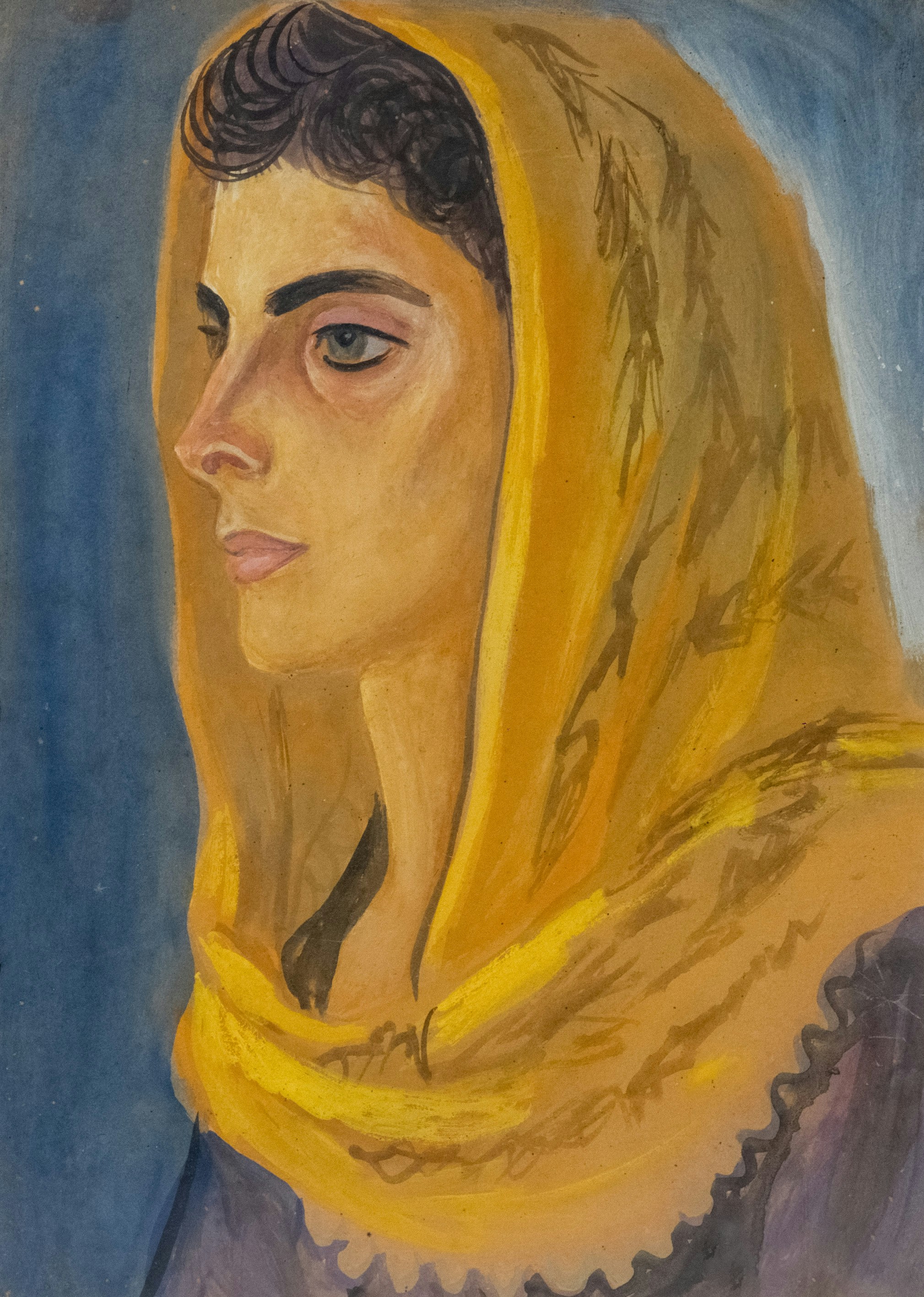 A watercolor portrait of a woman adorned with a golden scarf, gazing thoughtfully into the distance. The soft colors enhance the emotional depth of the piece.