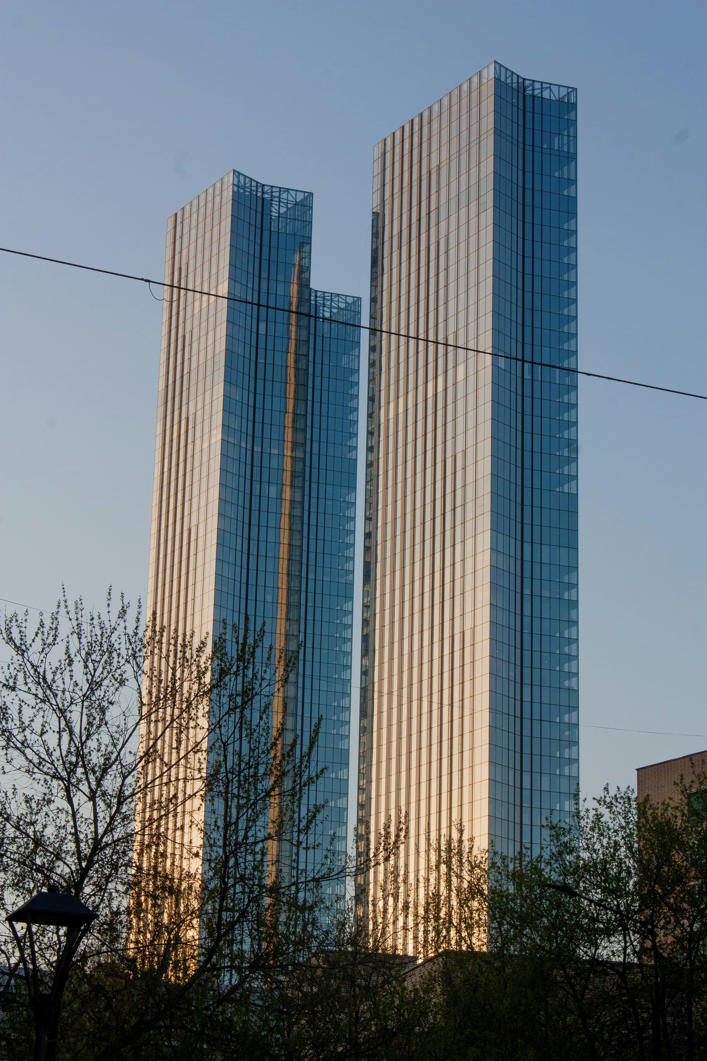 Two modern skyscrapers reflect the soft glow of the setting sun, framed by budding trees in the foreground.