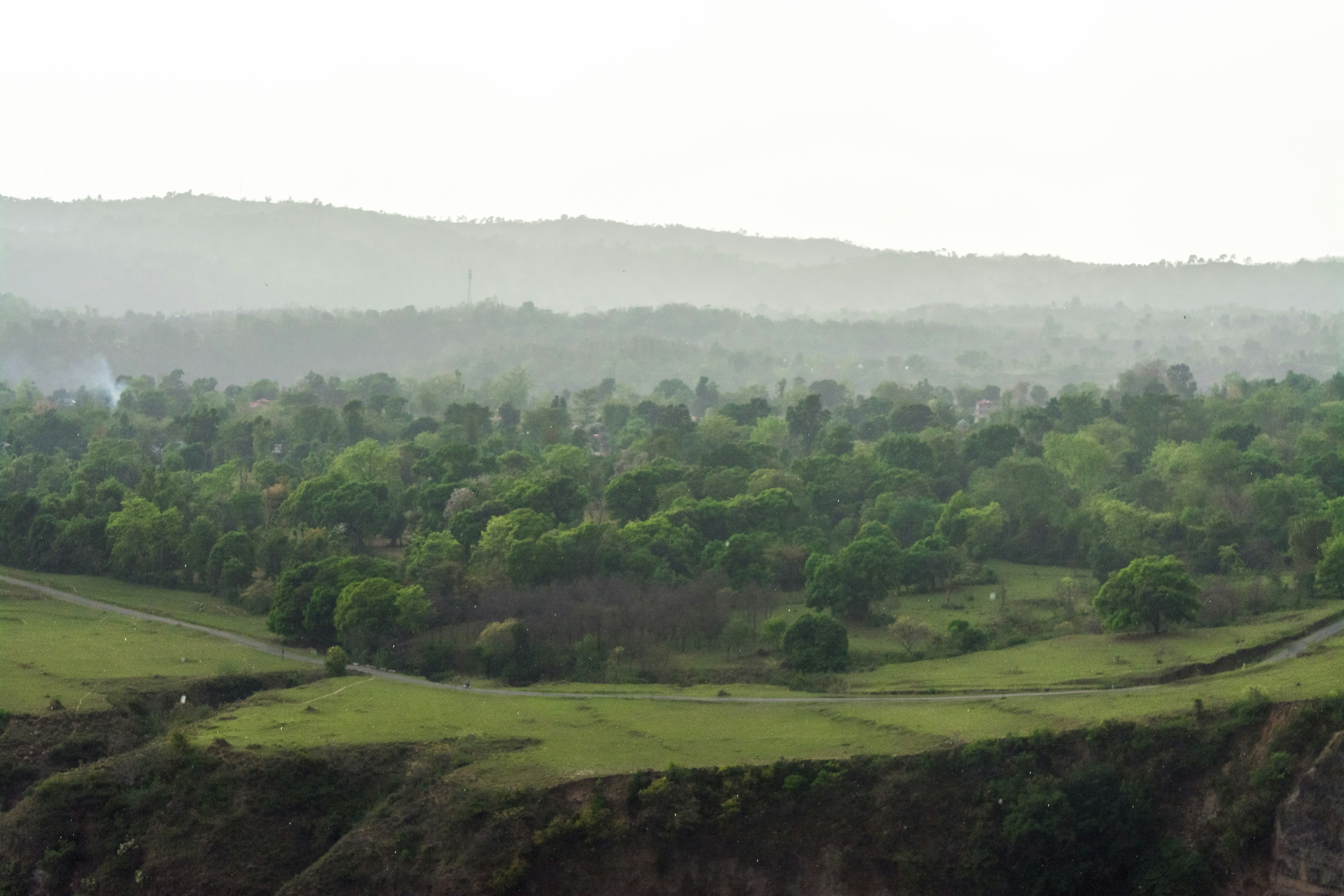 Lush green hills stretch across the horizon, enveloped in a gentle mist that softens the scene. The winding paths reveal the harmony between nature and tranquility.