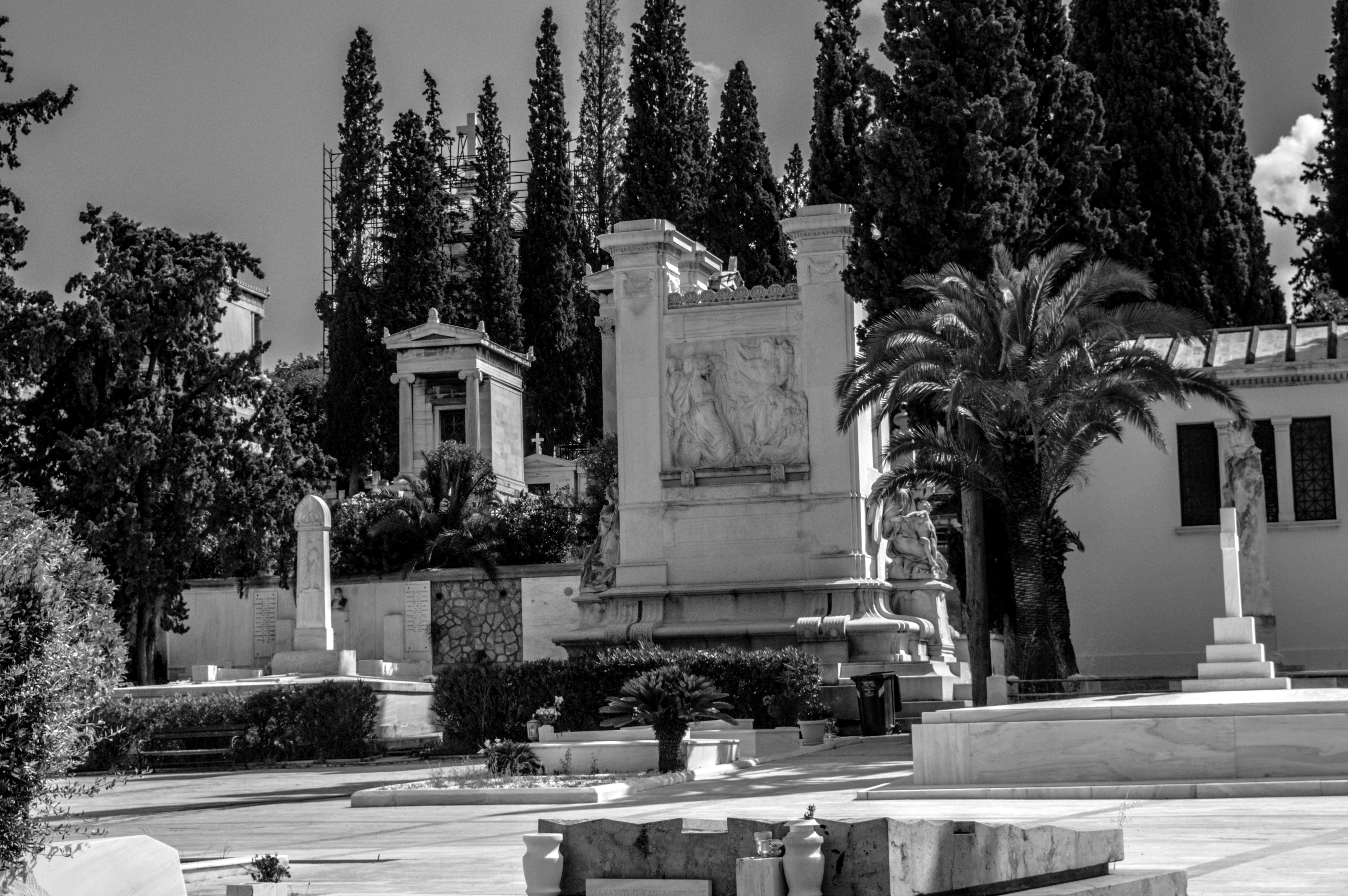 A cemetery with monuments and tall trees. photo – Free Building Image ...