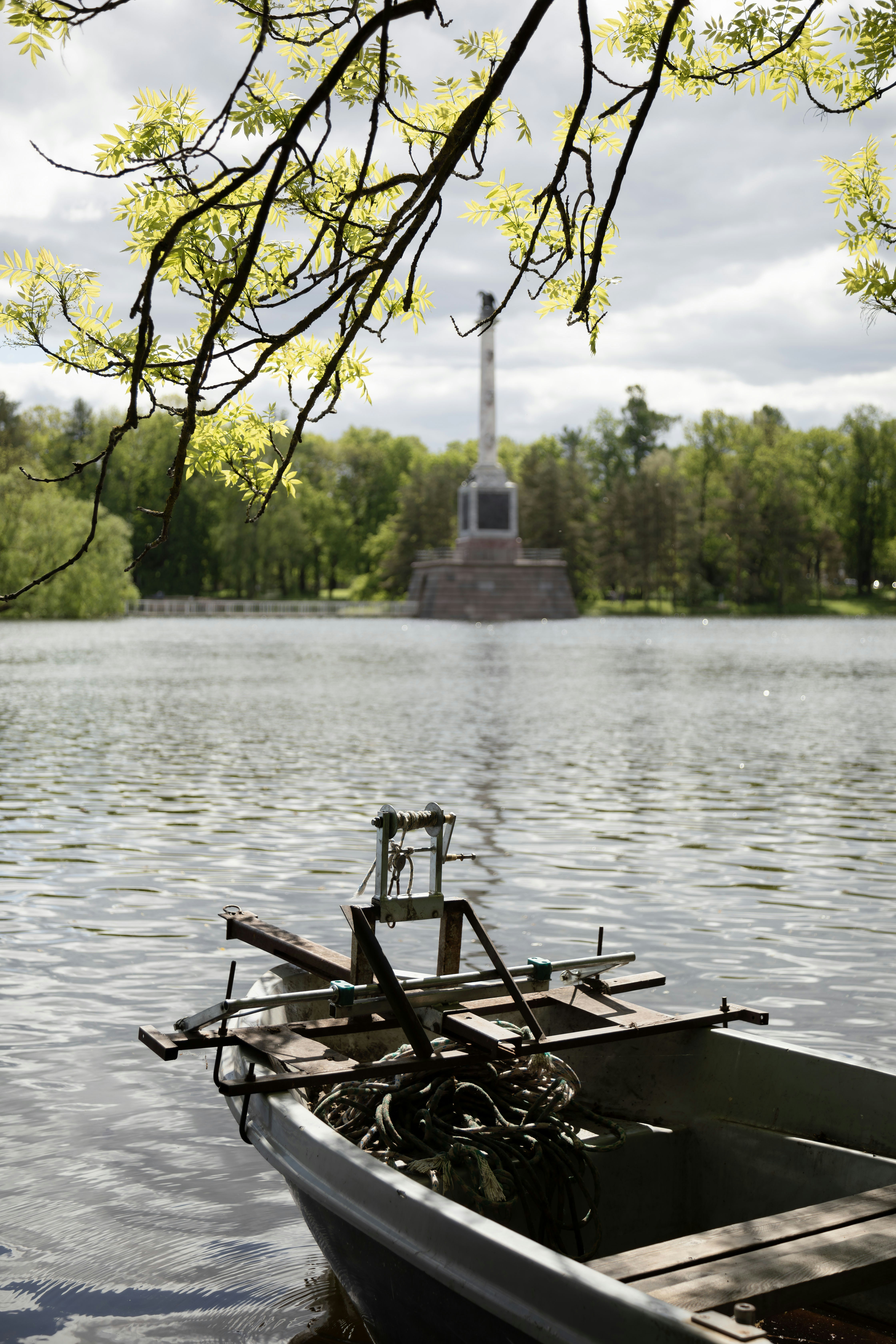 Rowboat at Lakefront: Spring Branches Framing a Quiet Moment by the Monument