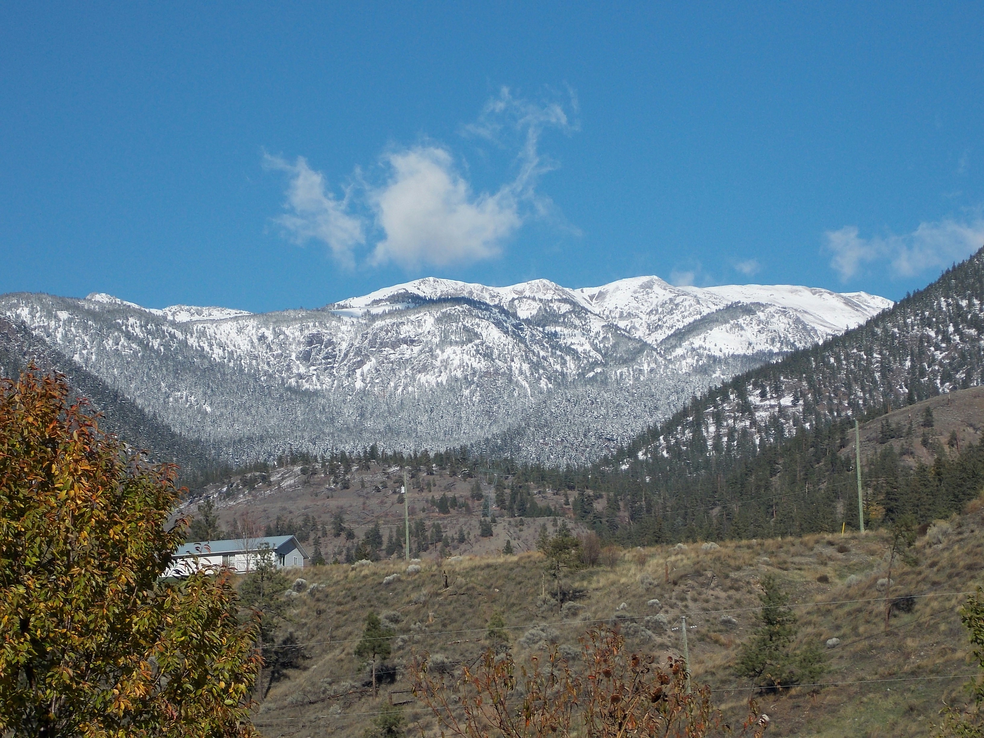 Snow-covered mountains and a clear blue sky.