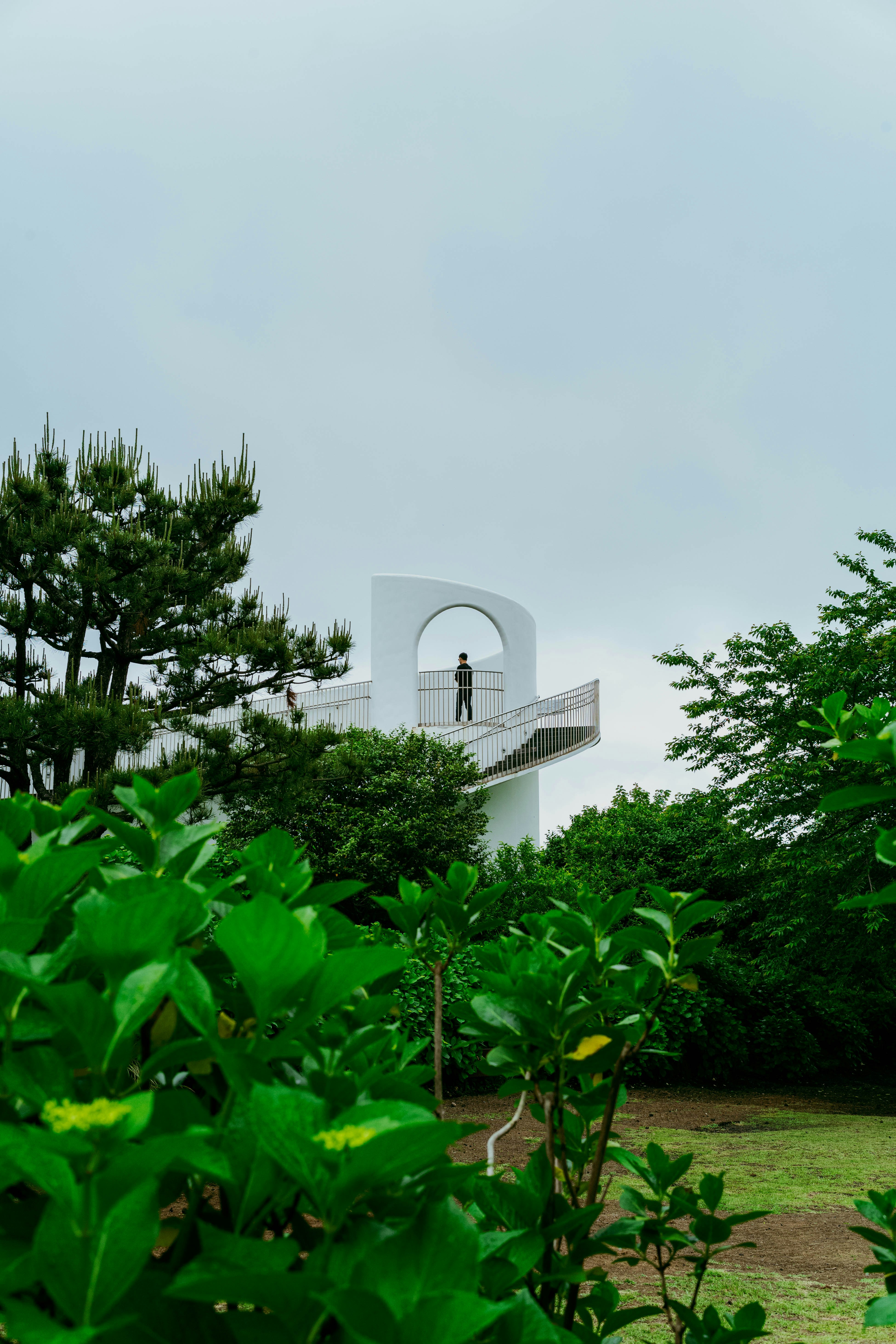 A solitary figure stands atop a minimalist architectural structure surrounded by lush greenery, embodying a harmonious blend of nature and design.