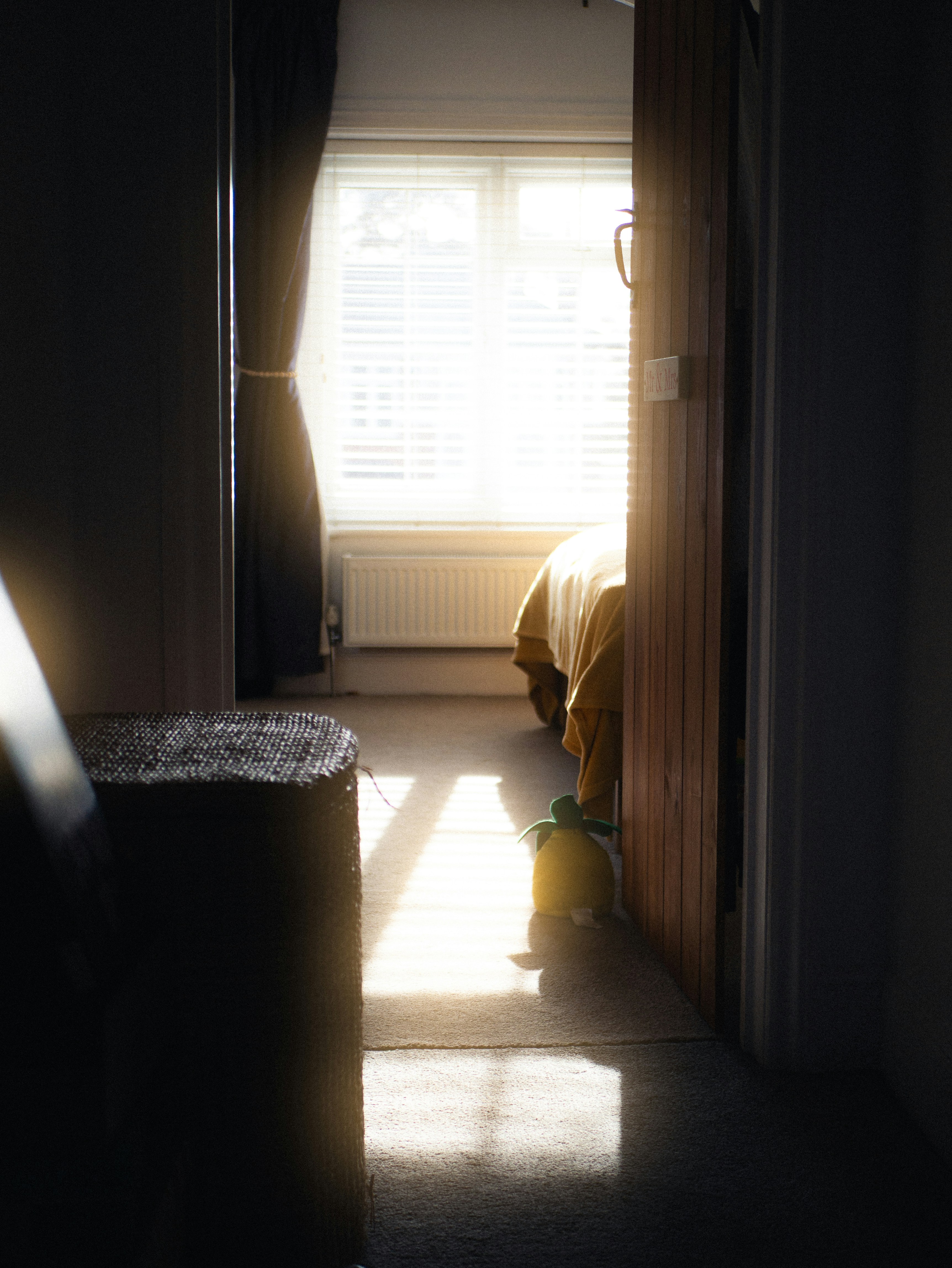 Sunlight streaming through a doorway illuminates a cozy bedroom, casting soft shadows on the carpet and revealing a playful plush toy.