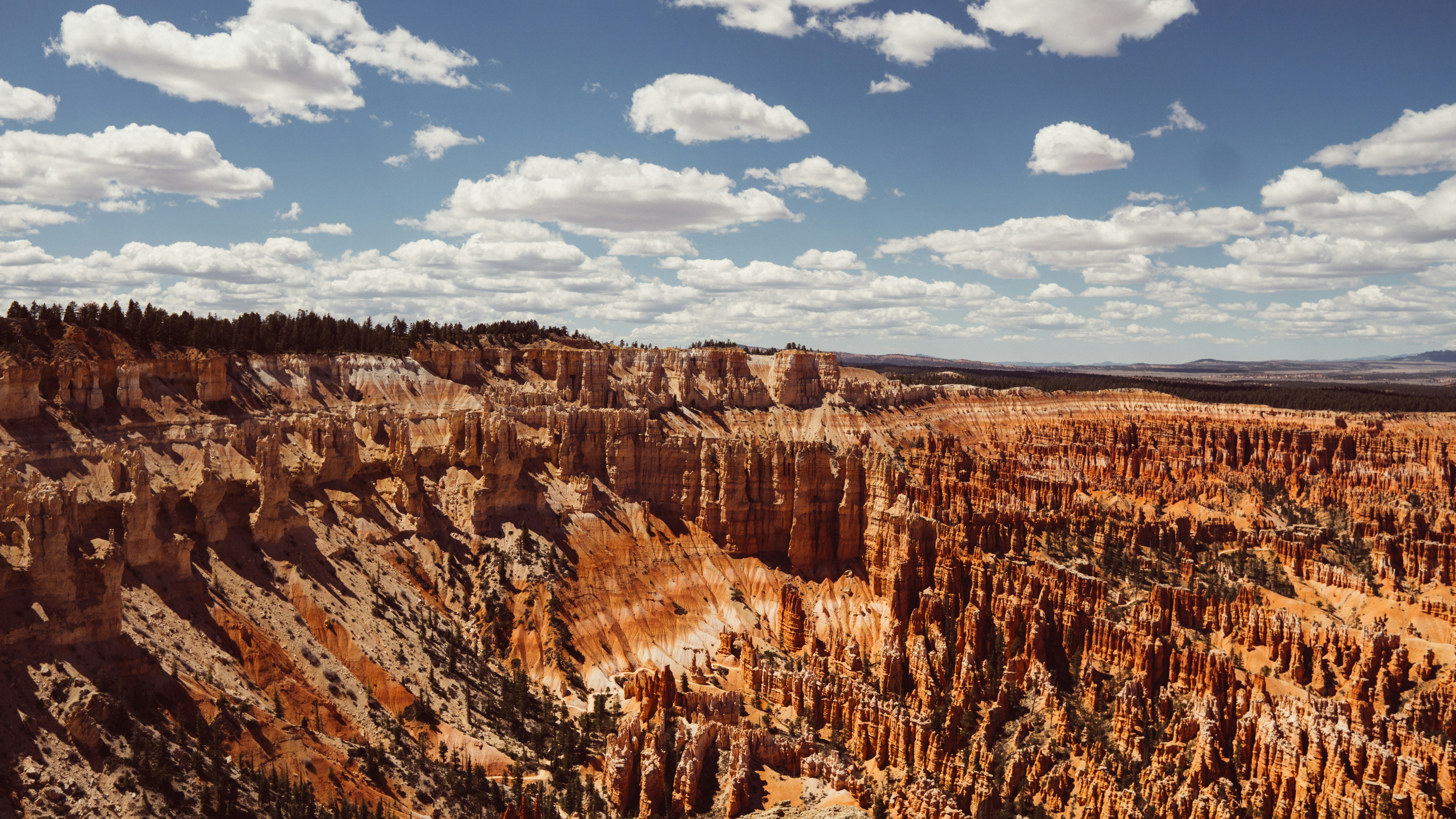 Vast canyon landscape showcasing intricate rock formations and a dramatic sky filled with fluffy clouds.