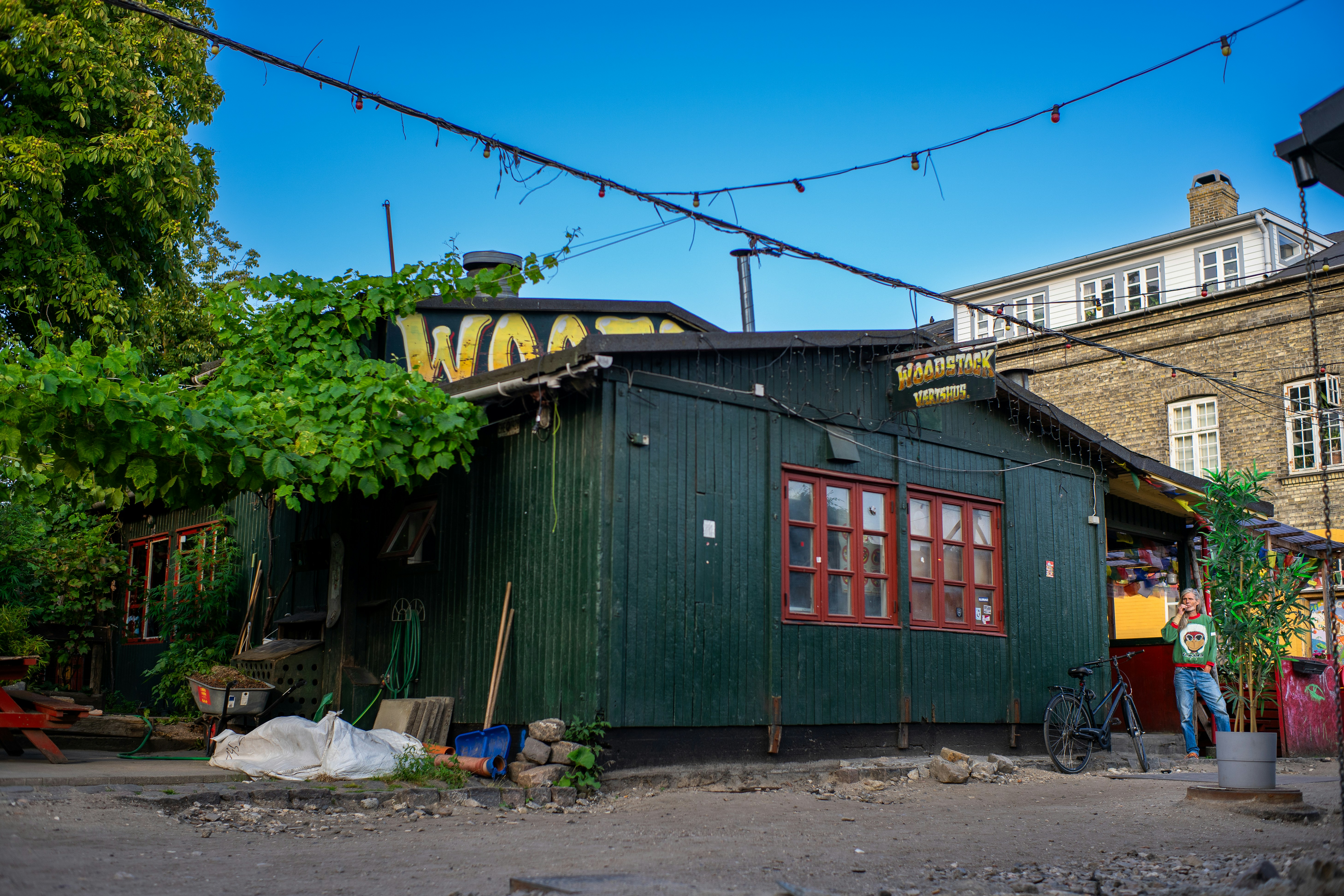 A rustic wooden structure adorned with vibrant greenery, showcasing a lively atmosphere. The establishment features large windows and a colorful sign, inviting visitors to enjoy its charm.