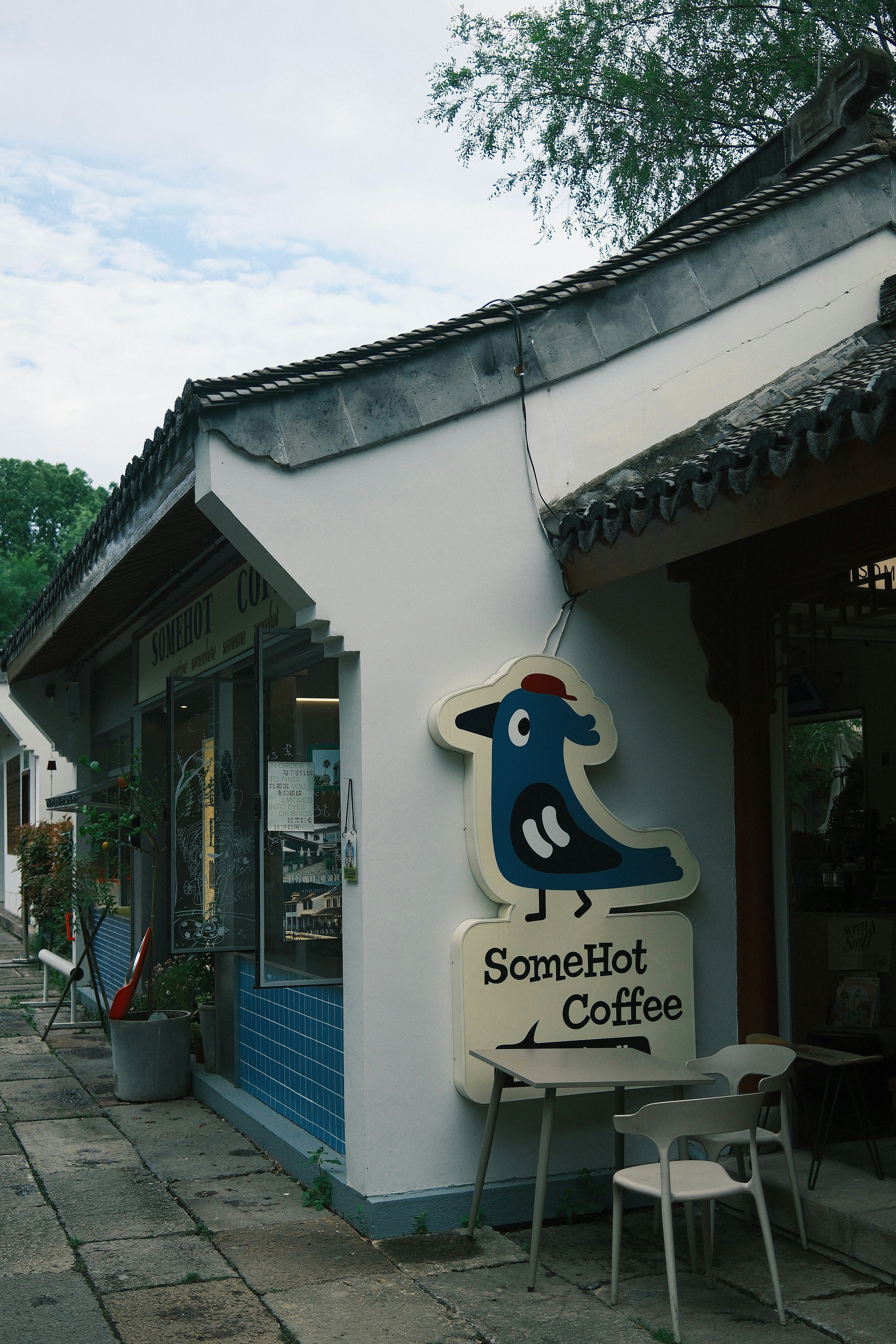 Blue Bird Café Sign Anchoring a Quiet Streetfront
