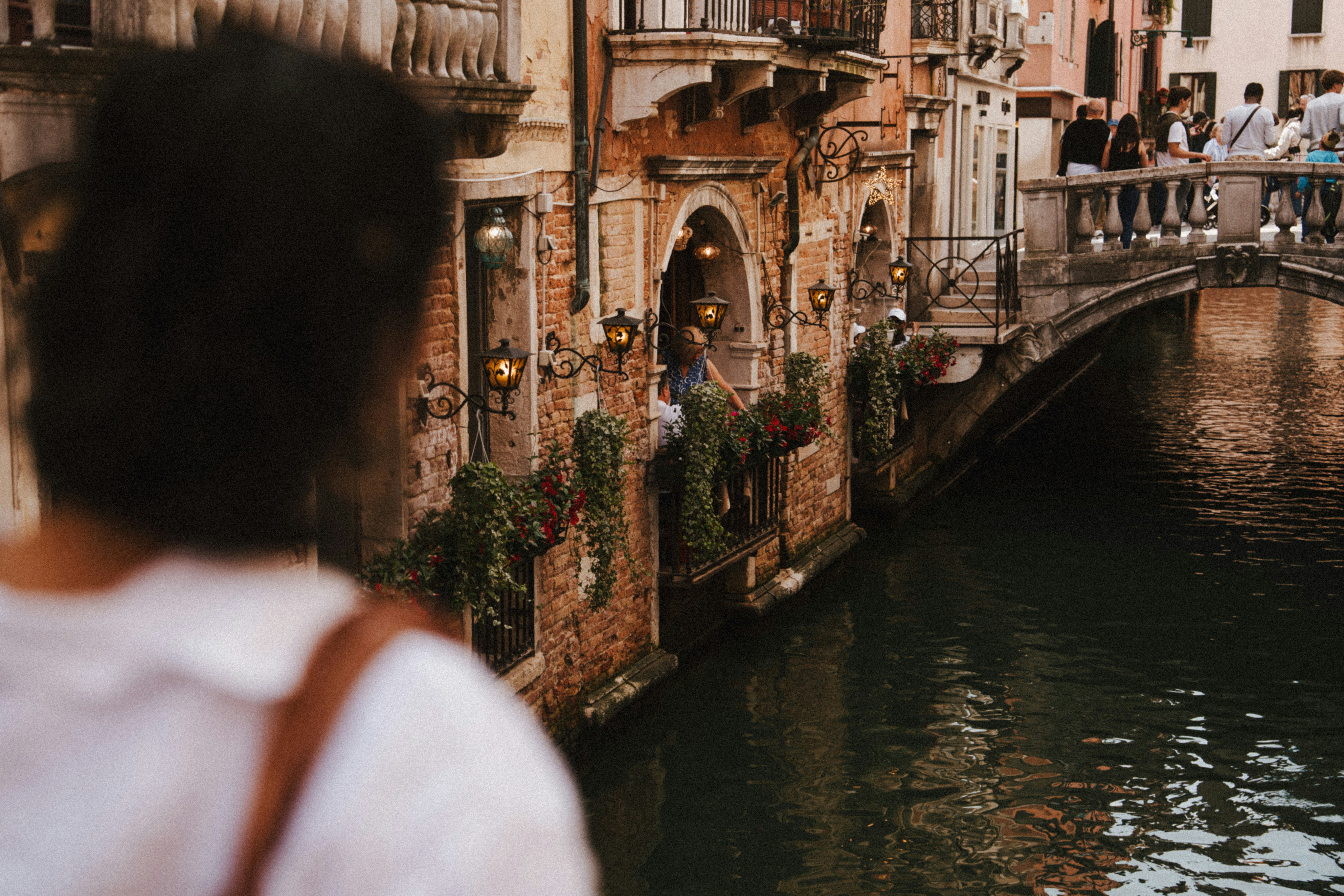 A figure gazes over a tranquil canal in Venice, framed by charming architecture and hanging flower baskets. The scene captures the essence of leisurely exploration.