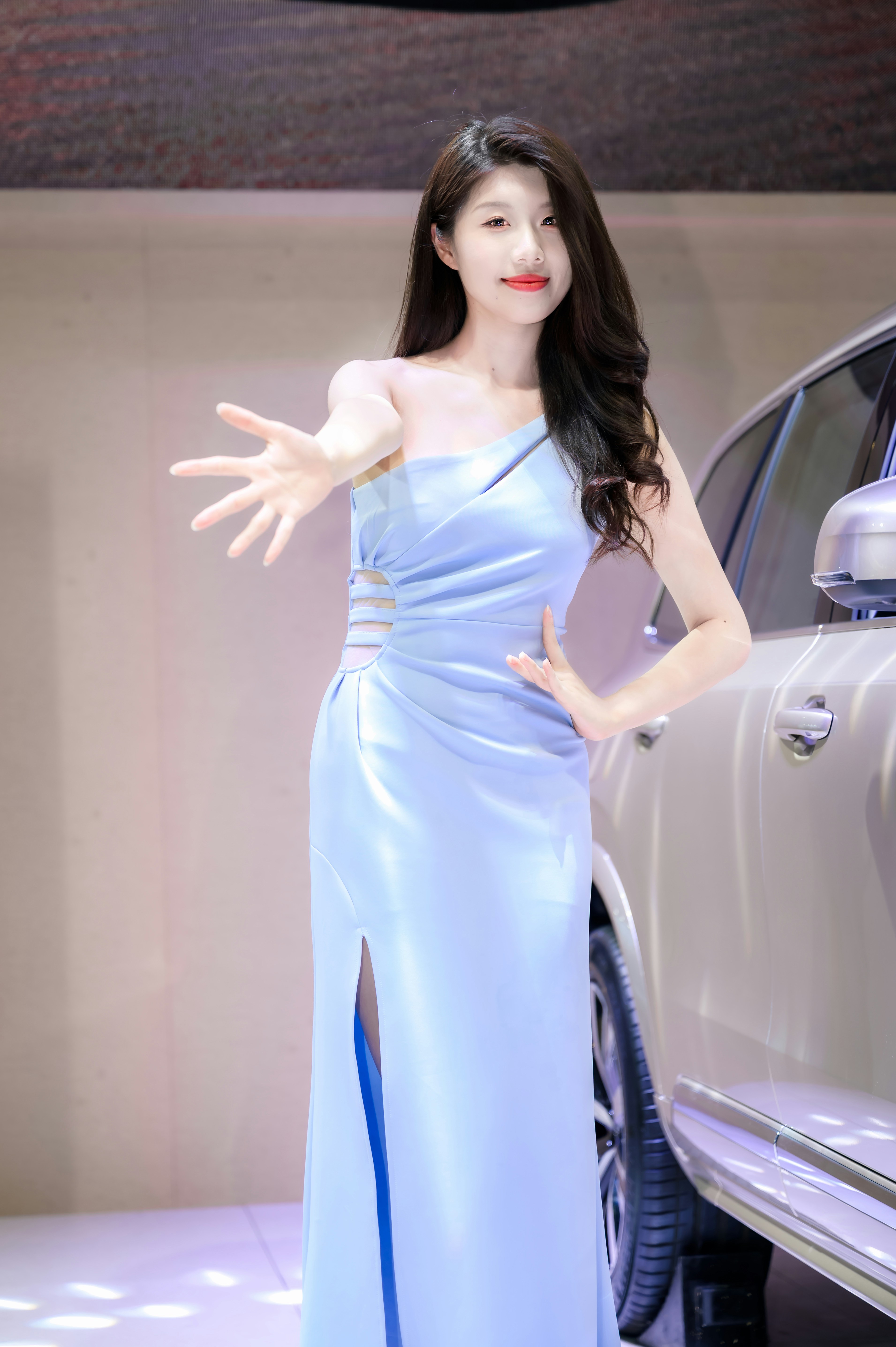 Azure Gown, Welcoming Stance by a Gleaming Sedan