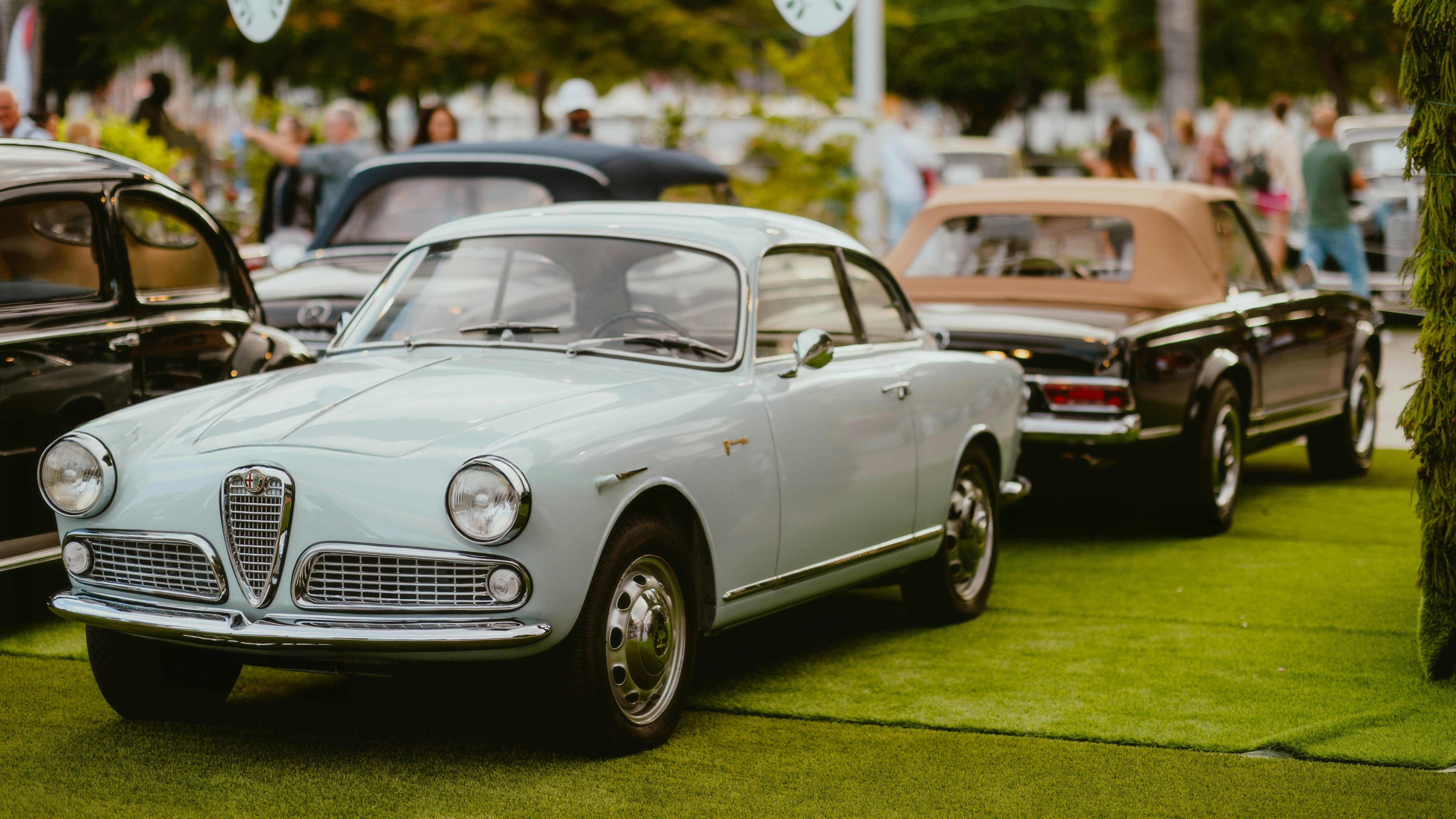 Pale Blue Vintage Roadster Leads a Row of Classic Cars on the Lawn