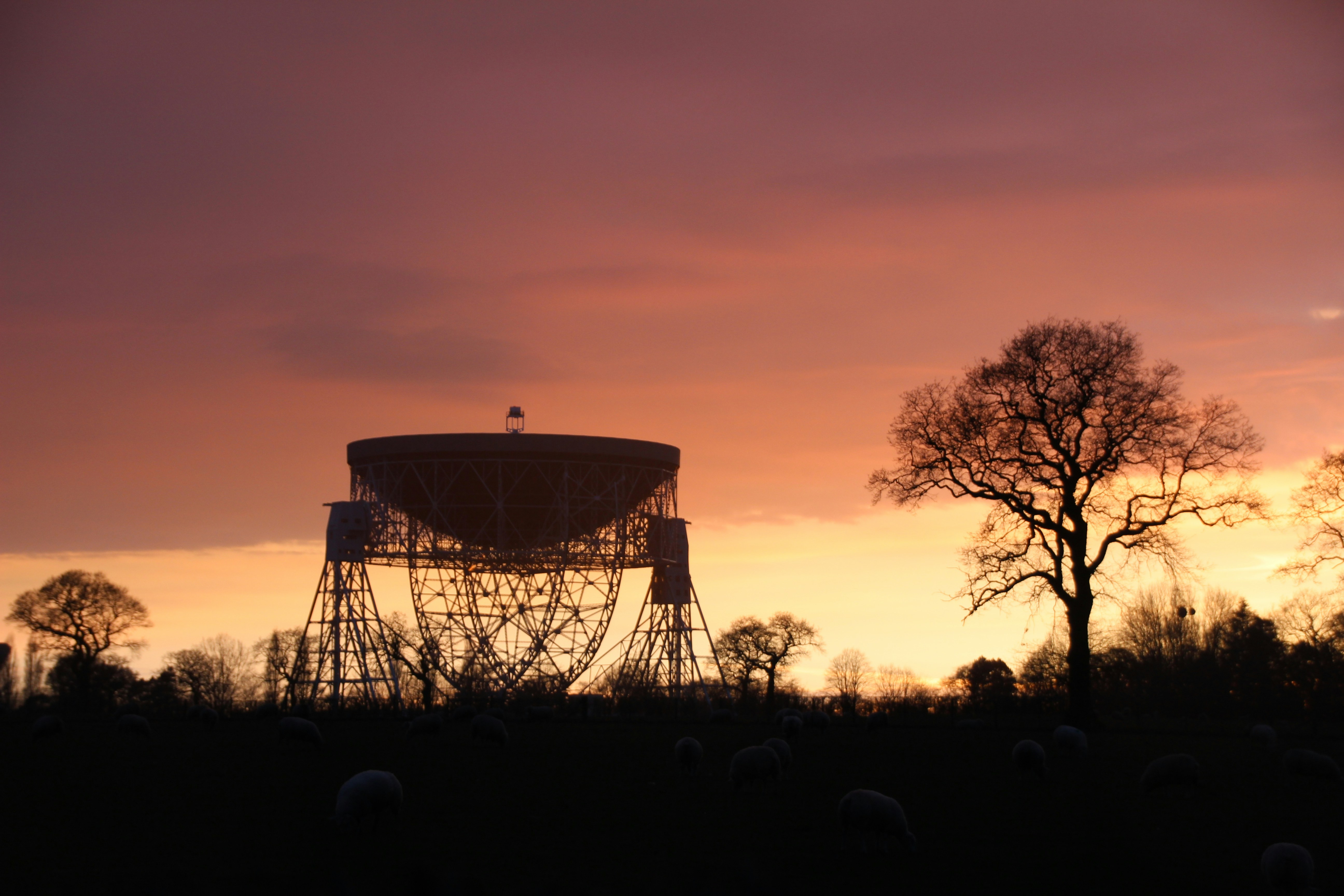 Crisscross at Dusk: Water Tower Silhouette Against the Copper Sky