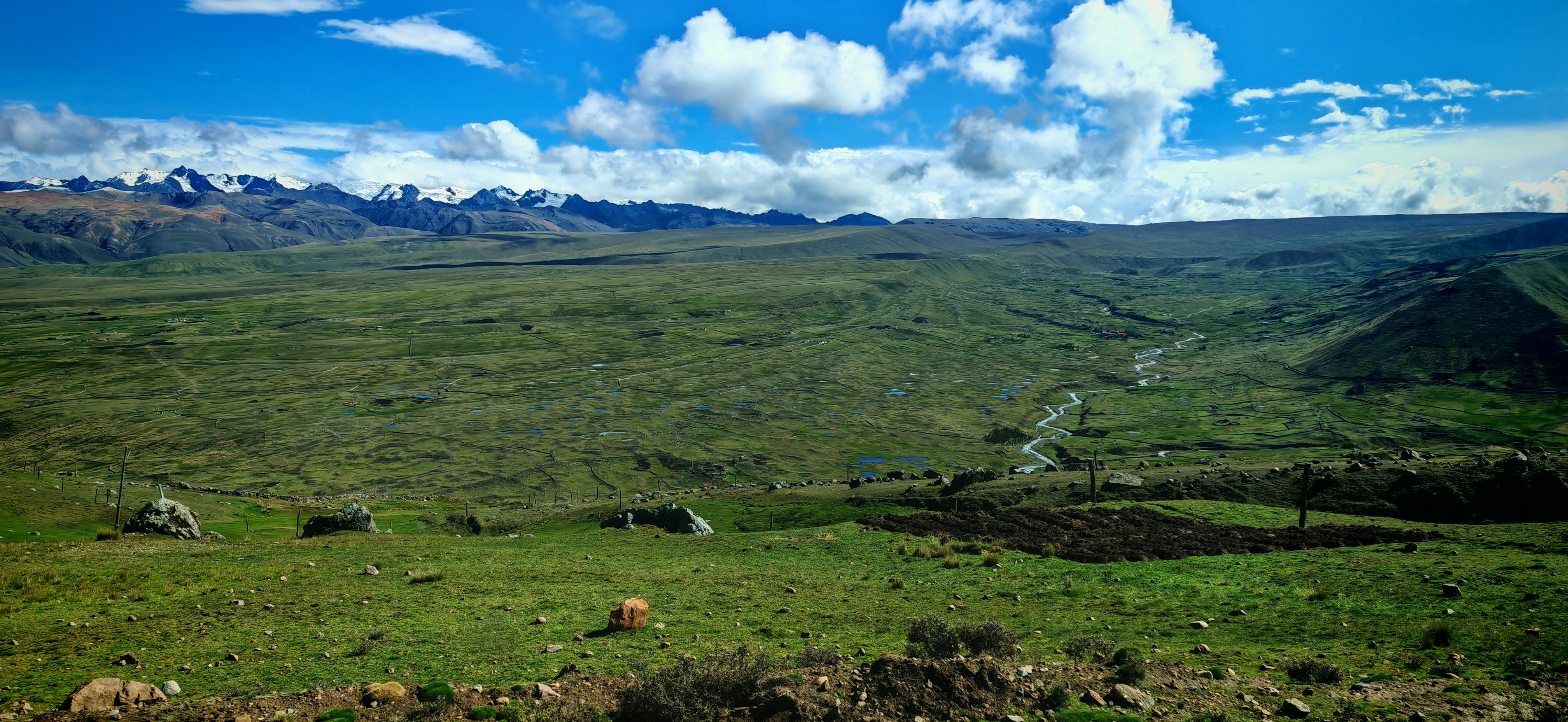 Expansive highland landscape with lush green fields and distant snow-capped mountains under a vibrant blue sky.