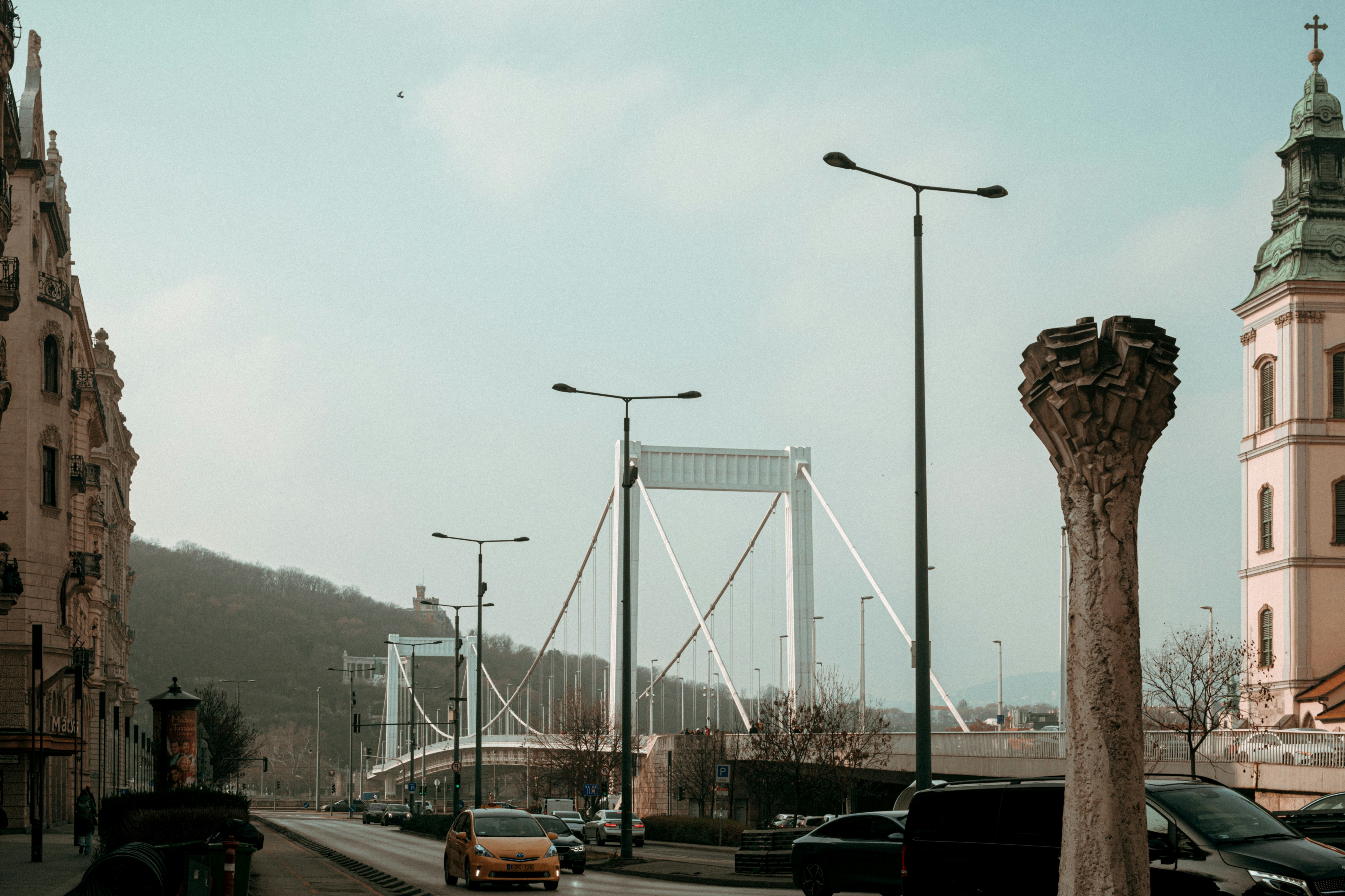 Distant Suspension Bridge Framed by a Quiet City Street