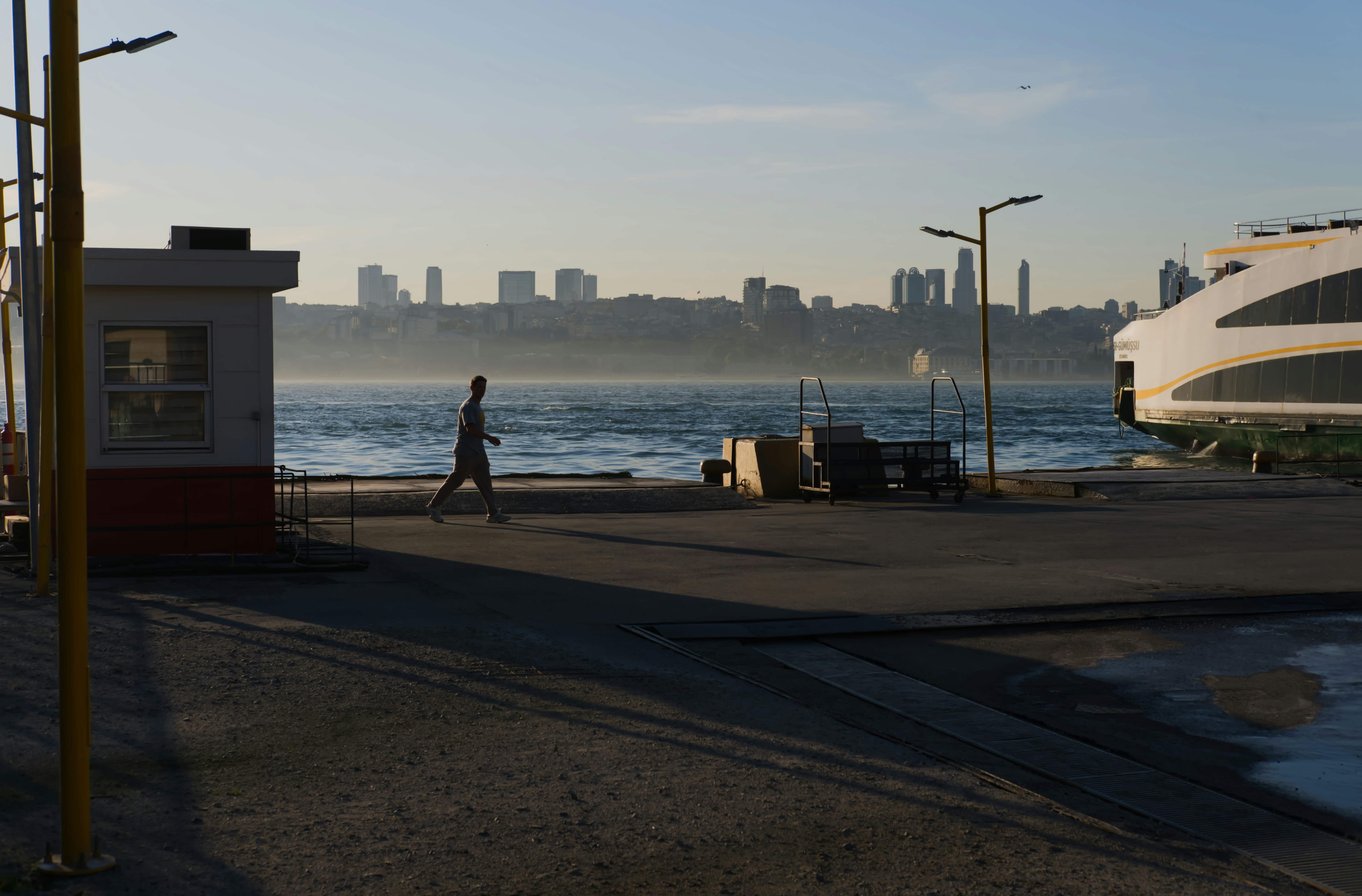 Whispering Harbor Stroll: A lone walker against the distant skyline