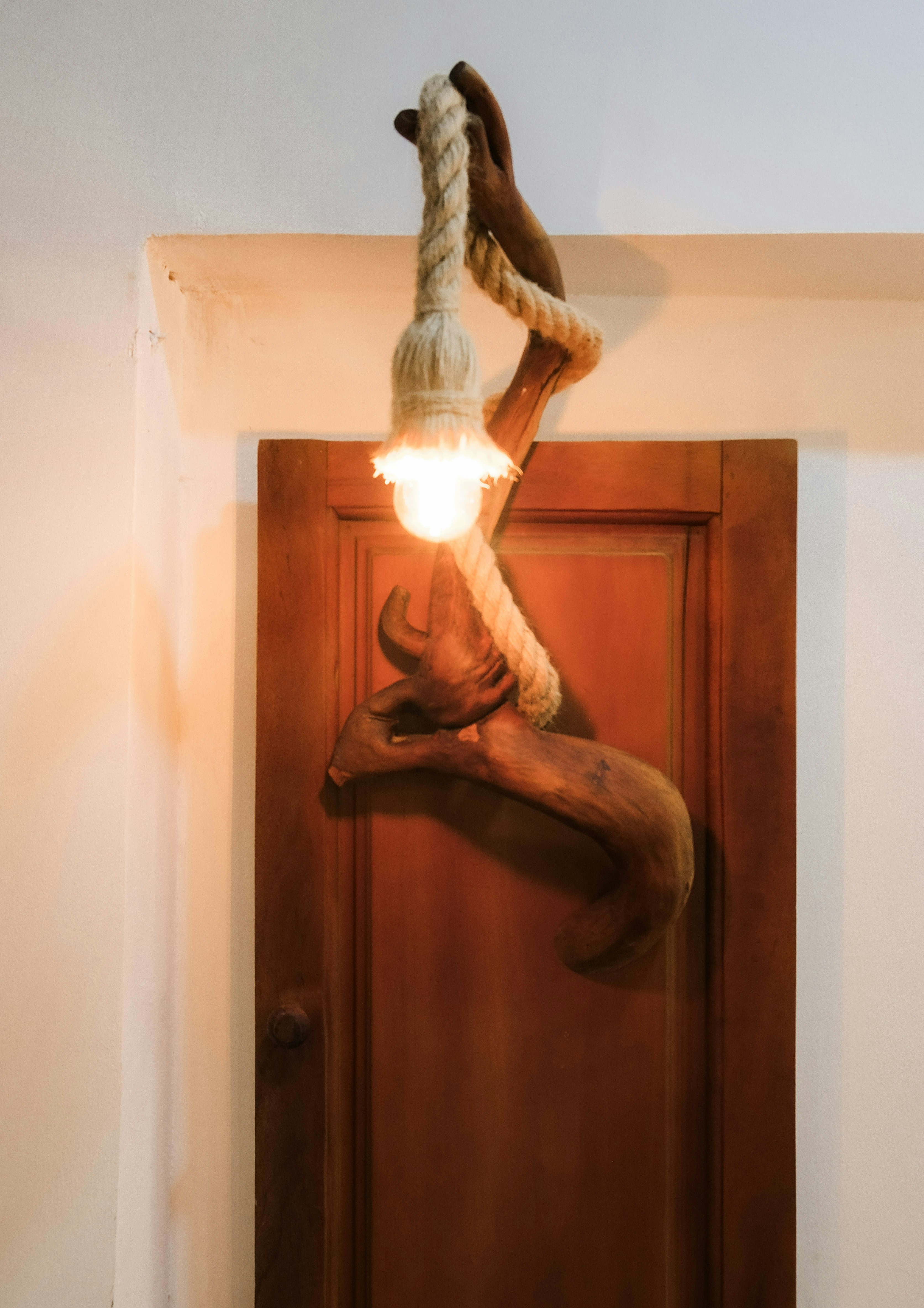 Hanging Light and Antler Hook on a Rustic Doorway