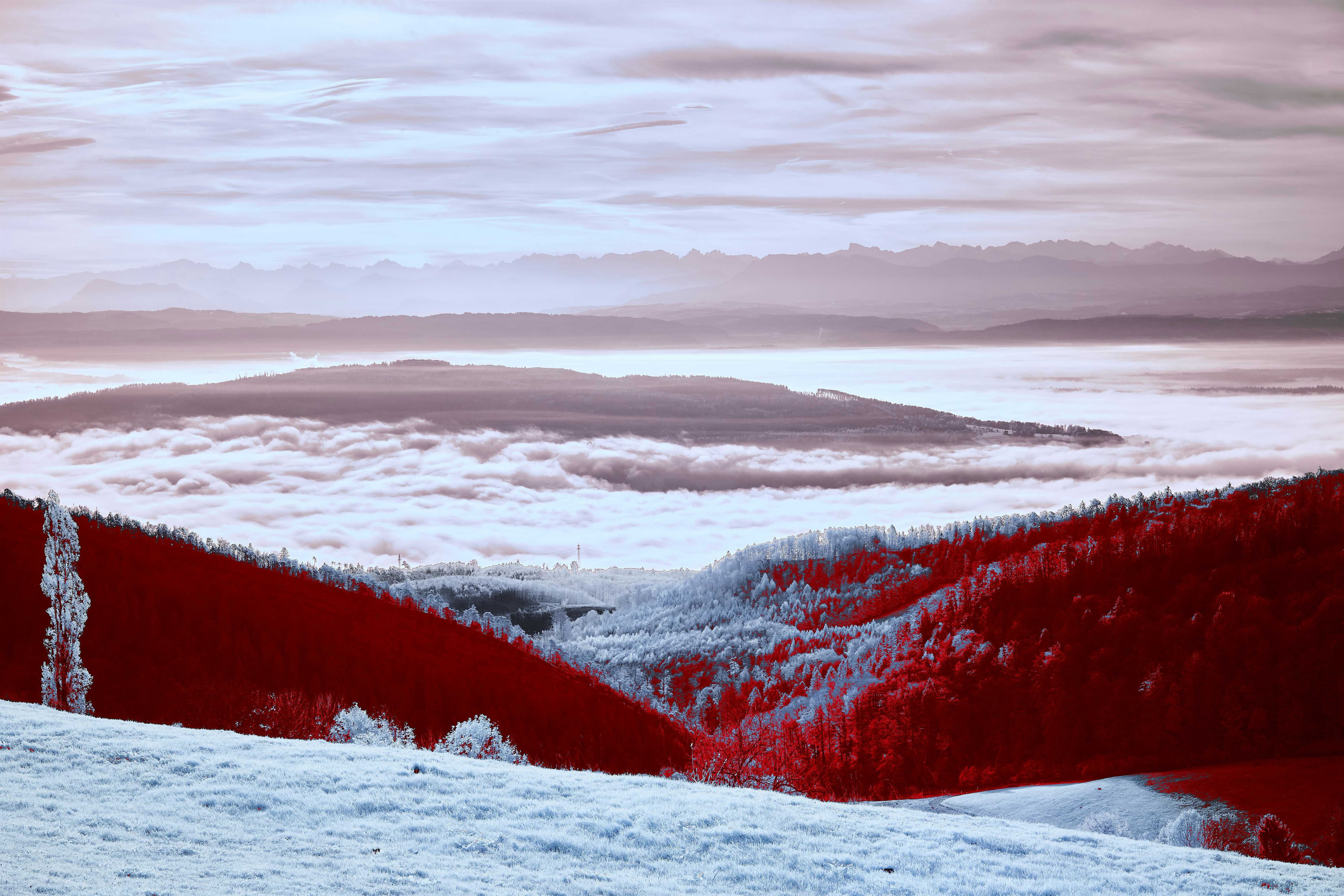 Crimson Ridges Framing a Misty Snow Valley