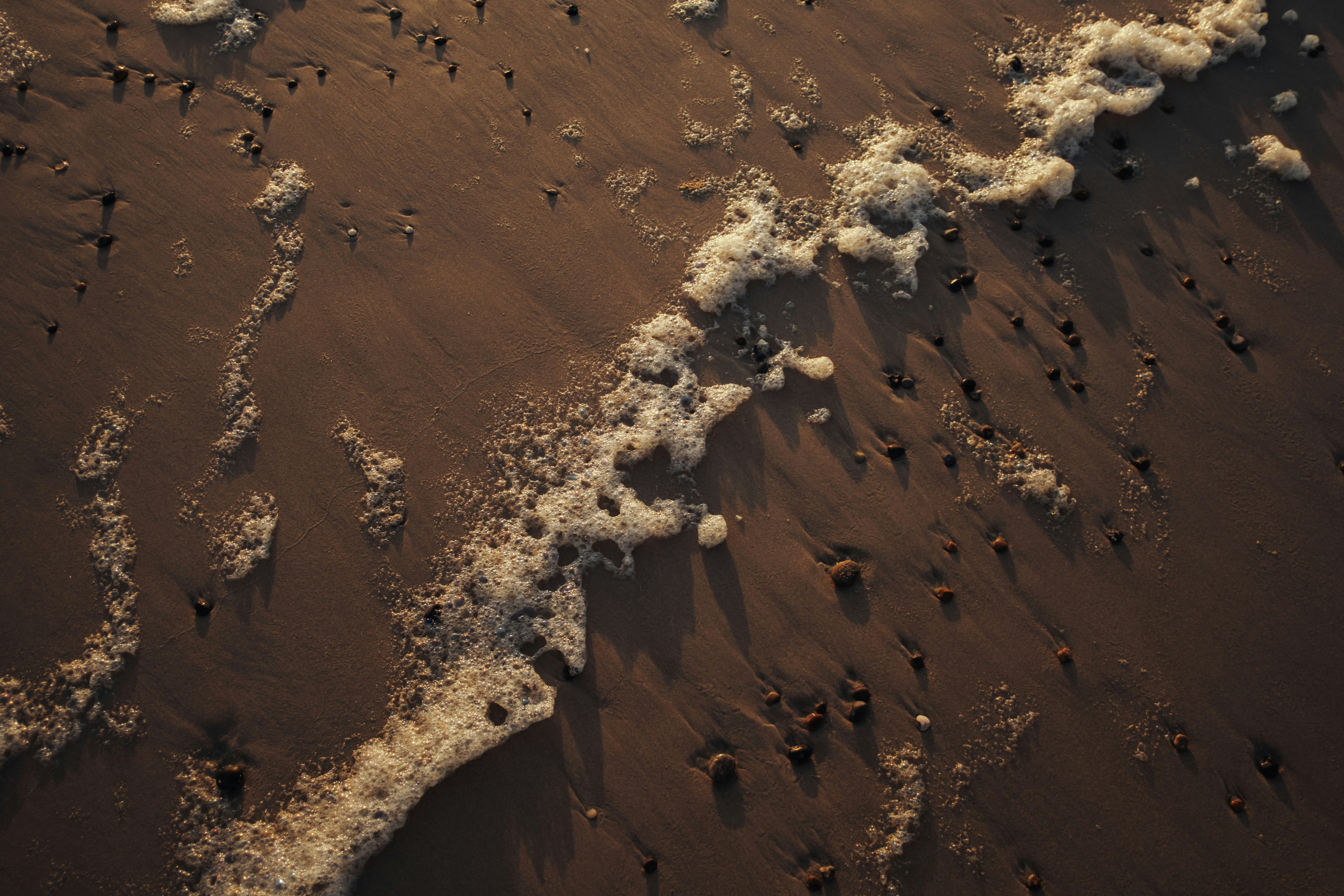 Gentle waves lapping against the sandy shore, leaving behind a delicate trace of foam and footprints. The scene captures the serene interplay between land and sea.