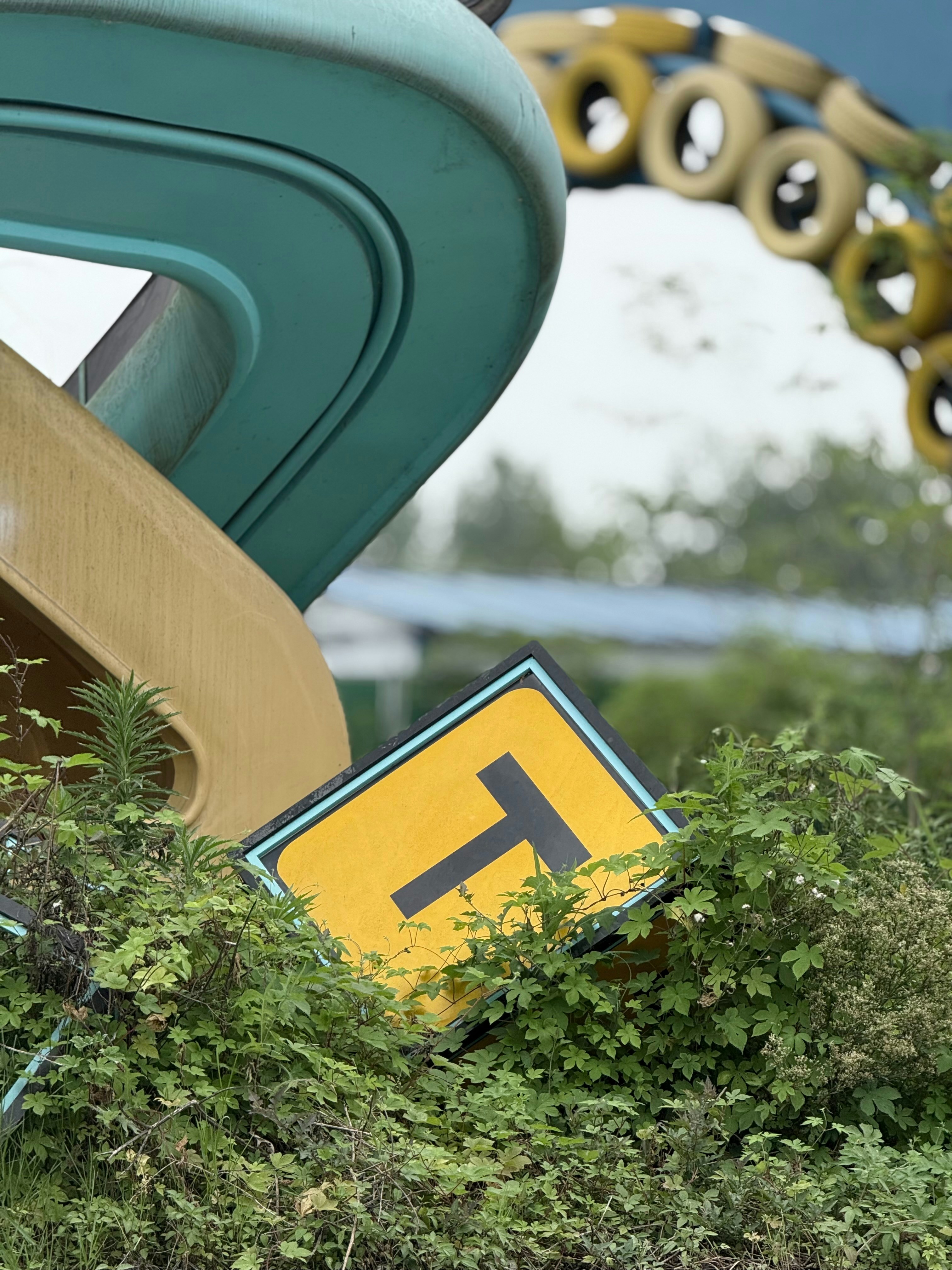 Tilted Yellow Sign Leaning into Ivy Beside a Derelict Roller-Coaster