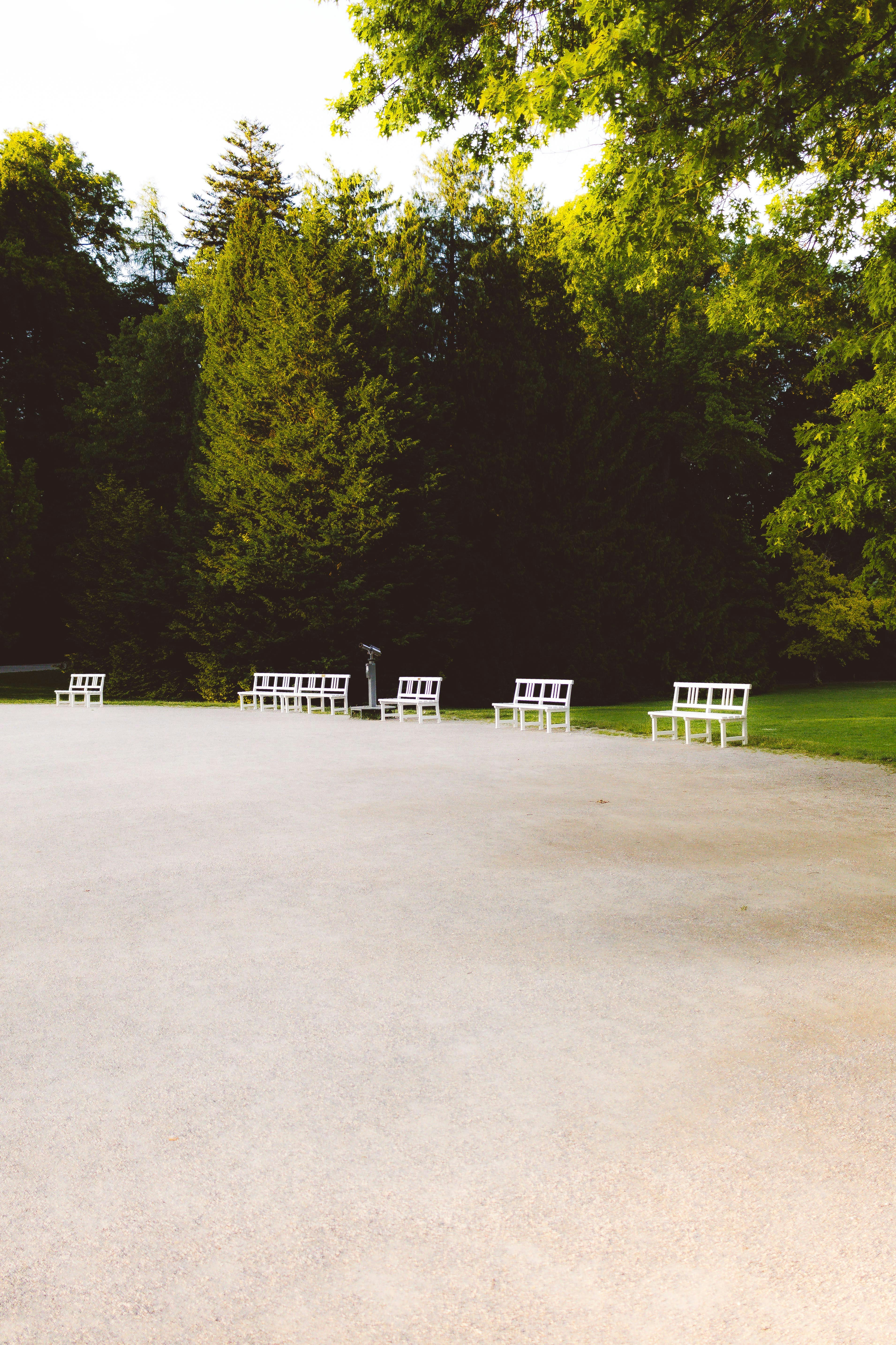 A tranquil park scene featuring white benches arranged on a gravel path, surrounded by lush greenery and trees. The setting invites relaxation and contemplation.