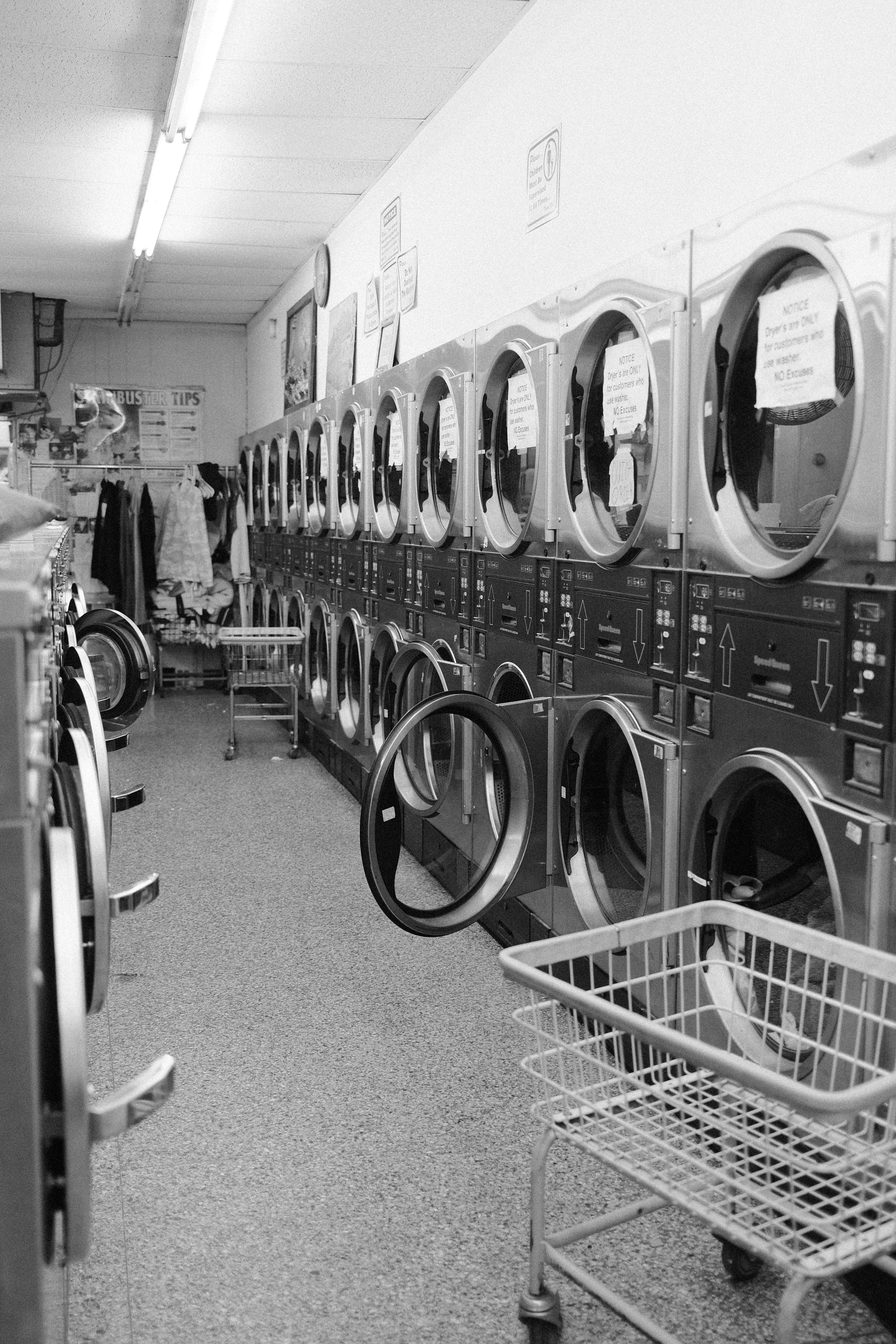 Circular windows of a laundromat: a monochrome street-level scene