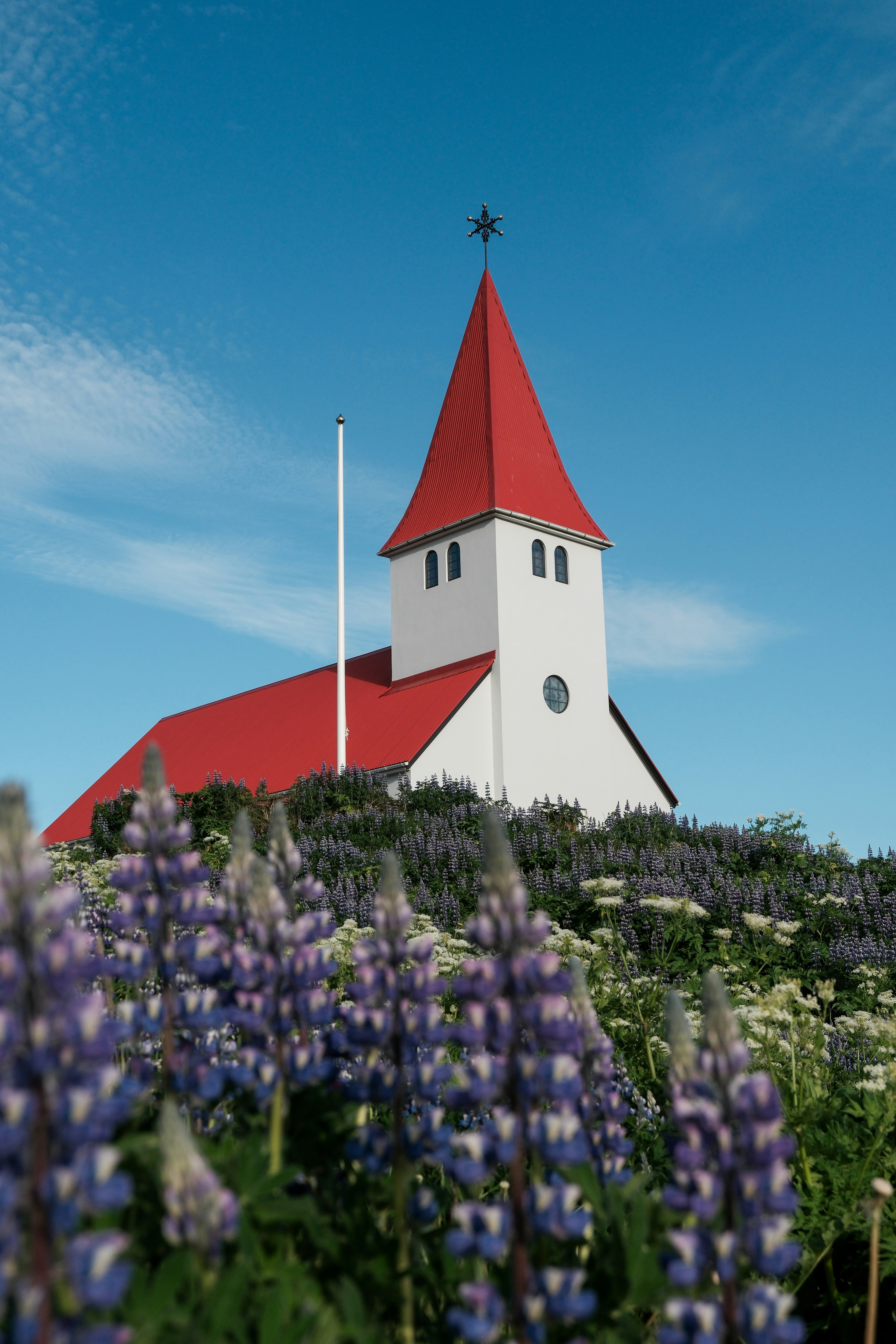 Crimson Chapel Steeple Rising Above a Sea of Lupines Under a Clear Blue Sky
