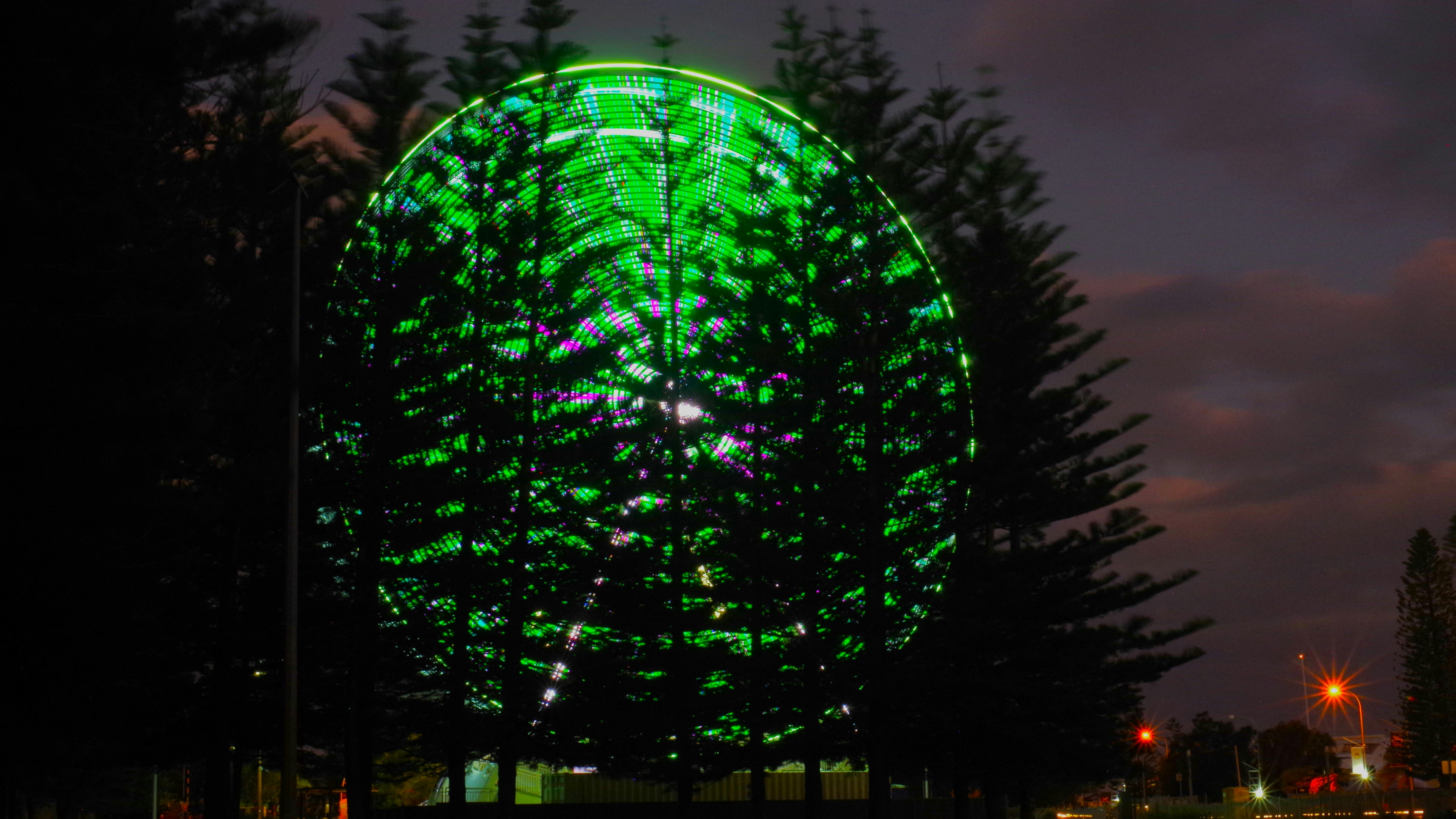 Emerald Halo Over a Quiet Night: A Green Ferris Wheel Framed by Pines